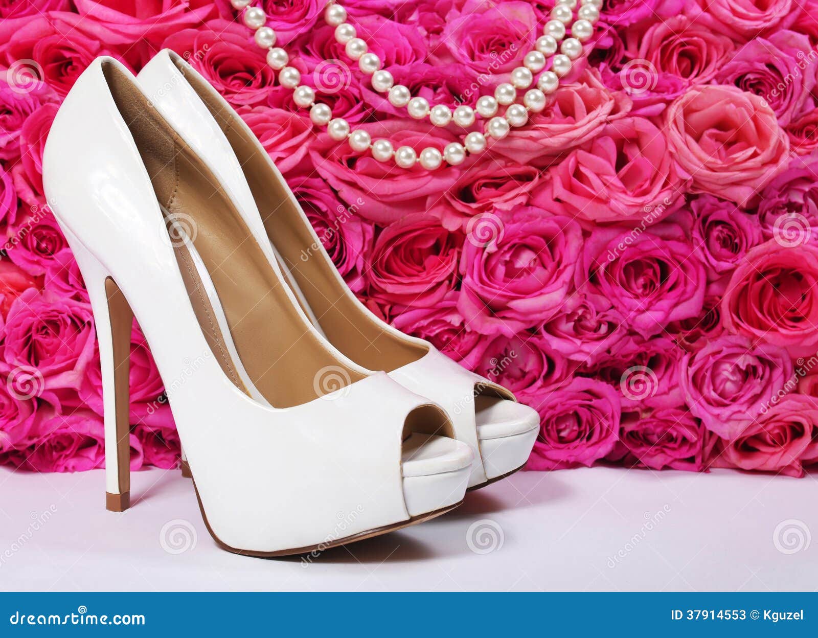 Bridal Shoes And Roses White Heels Over Hot Pink Flowers Stock Image Image Of Closeup Event
