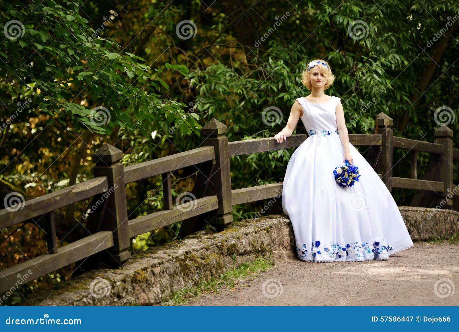 Bride in Beauty Wedding Dress Standing on Bridge Stock Image - Image of ...