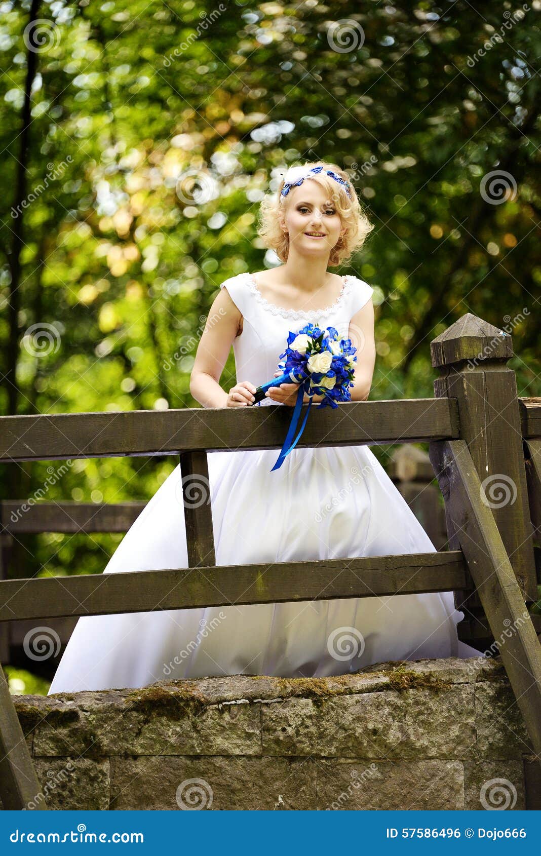 Bride in Beauty Wedding Dress Standing on Bridge Stock Photo - Image of ...