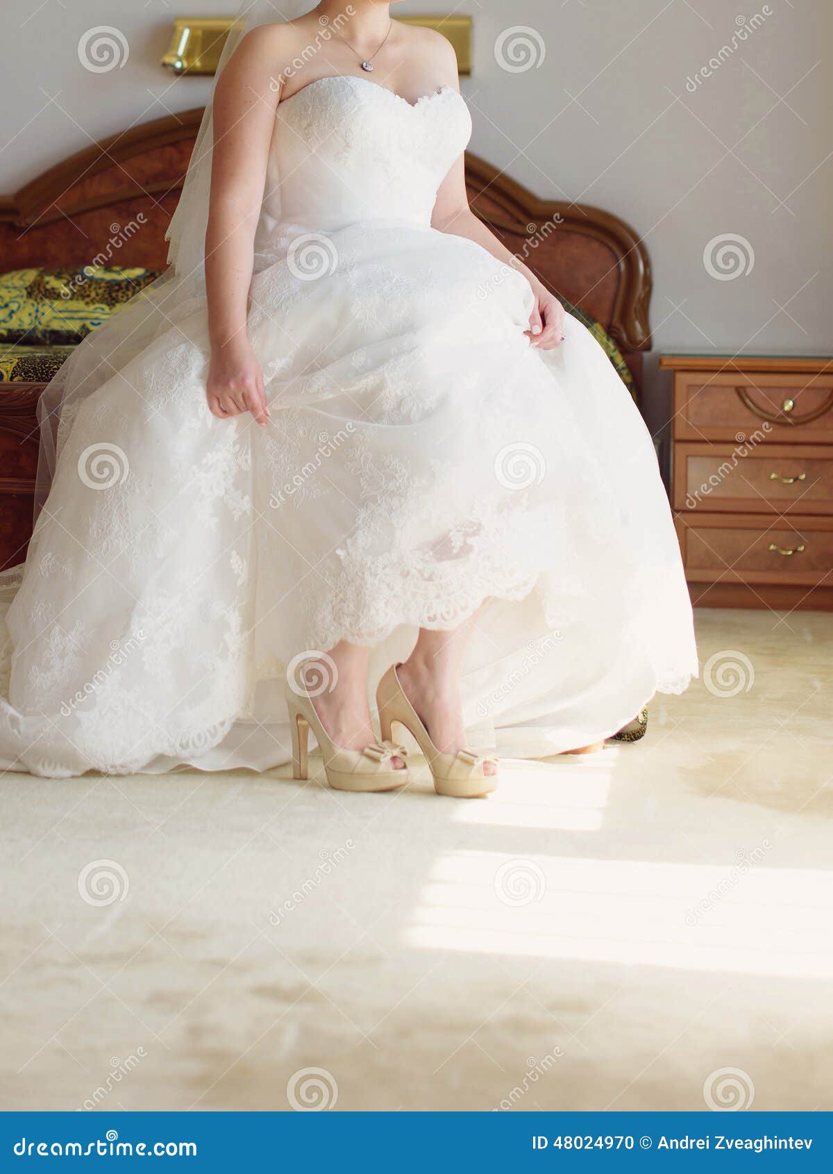Bride on Bed stock photo. Image of dress, adult, room - 48024970