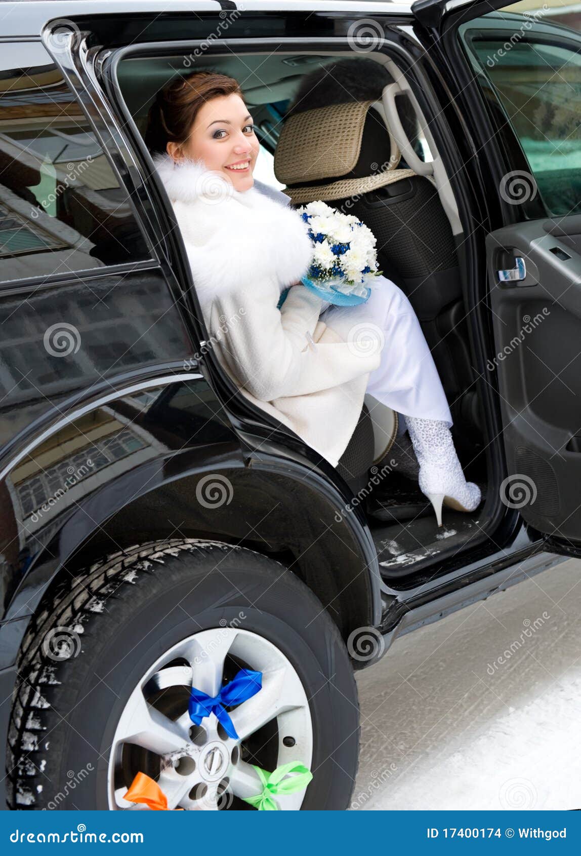 Bride in car stock photo. Image of wheel, happy, caucasian - 17400174