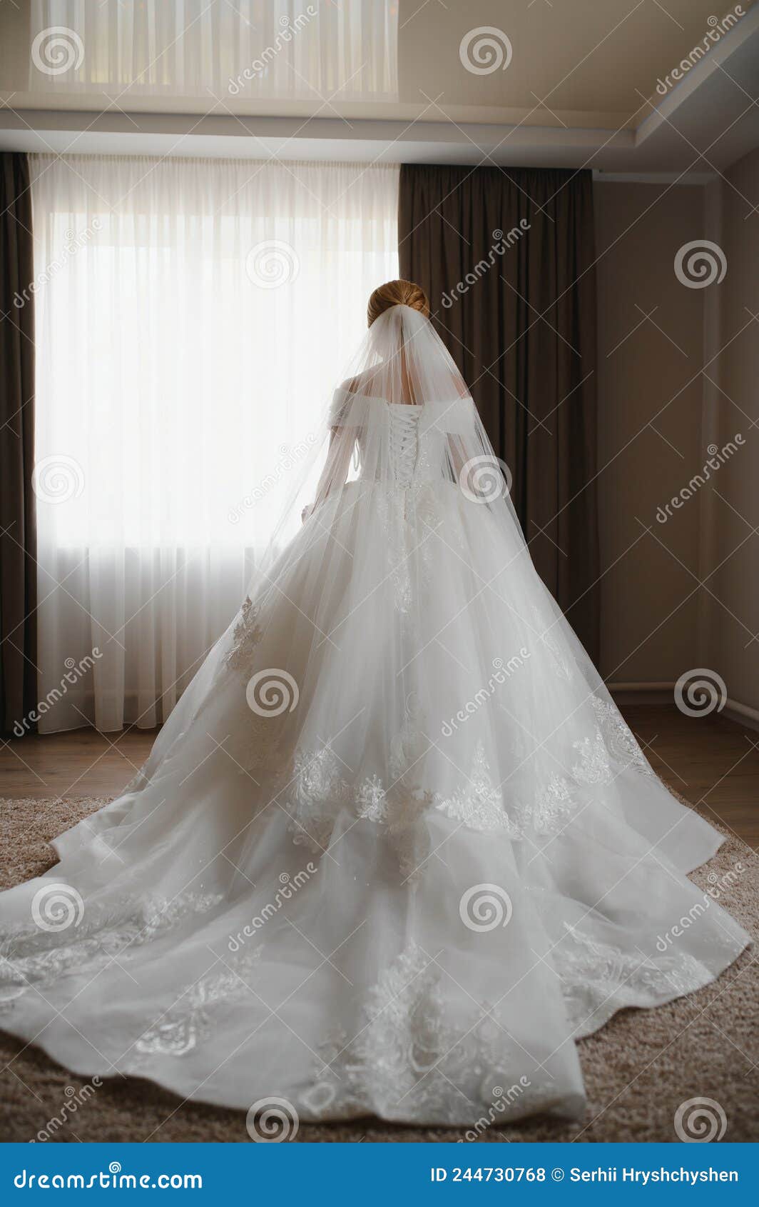 Bride Dressing Wedding Gown. Morning Bride. Stock Photo - Image of ...