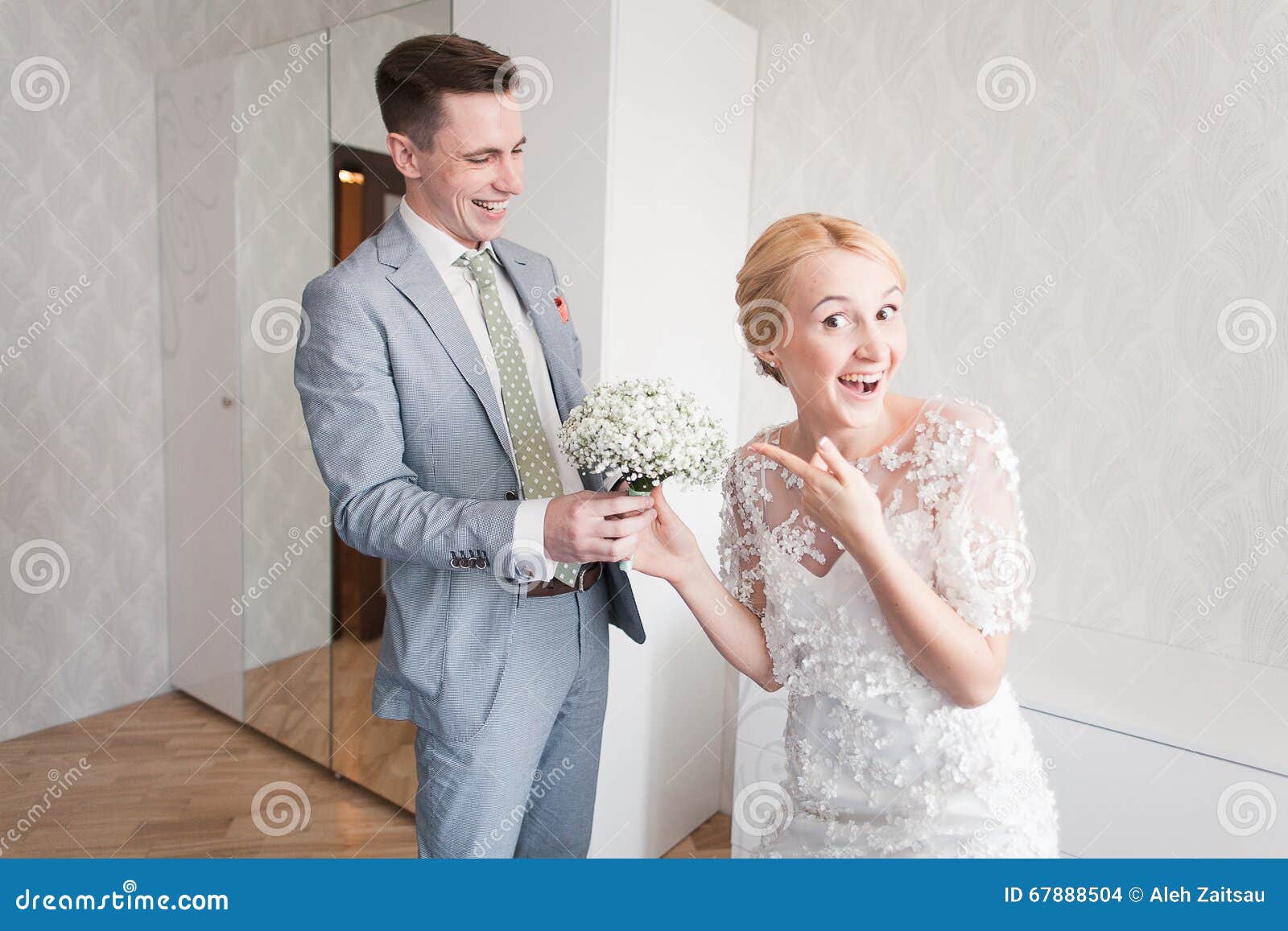 Bride Emotions while she Meets Her Groom Firstly on Wedding Day Stock ...