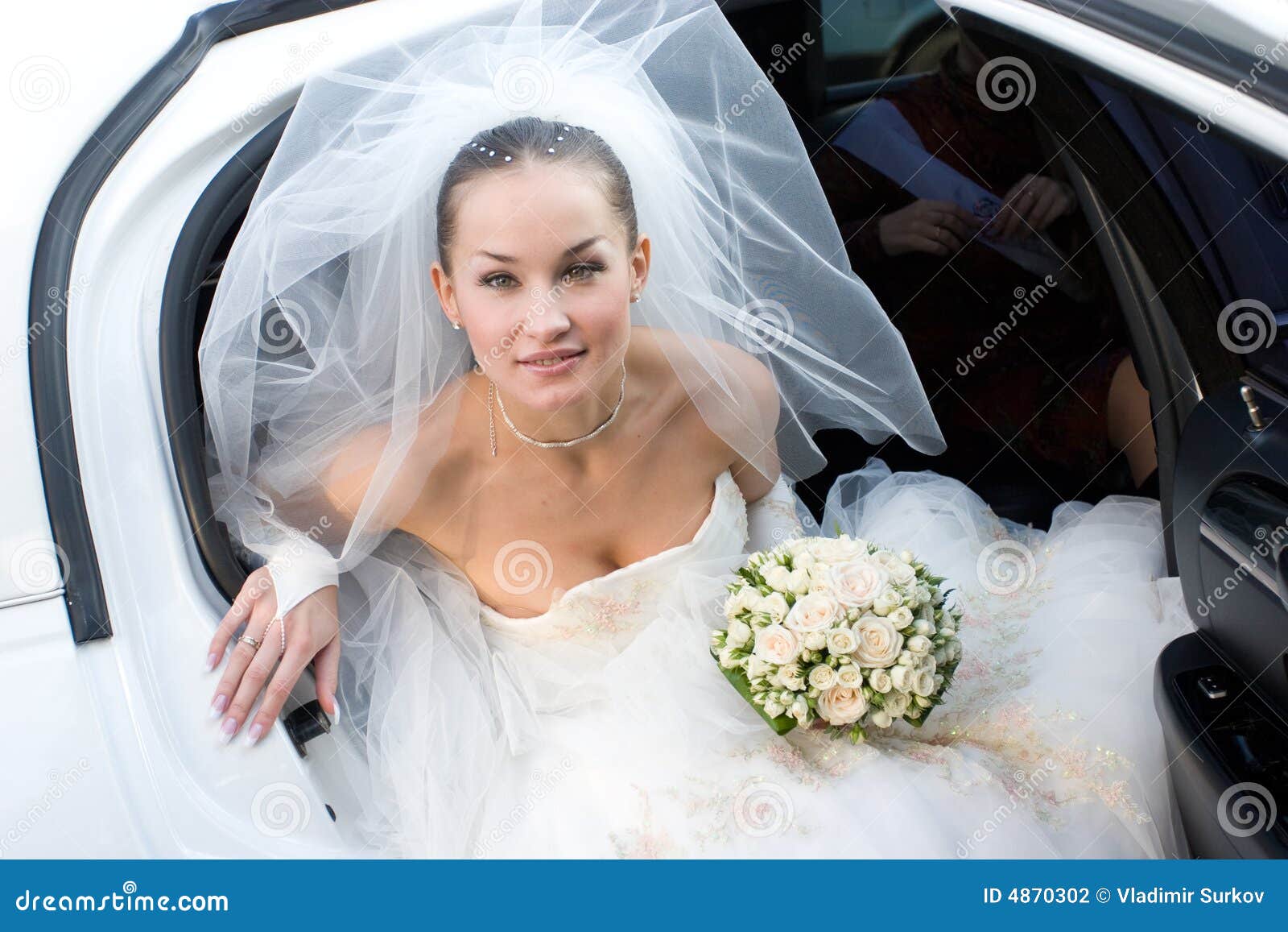 Bride with Flowers in the White Car Stock Photo - Image of fashion ...