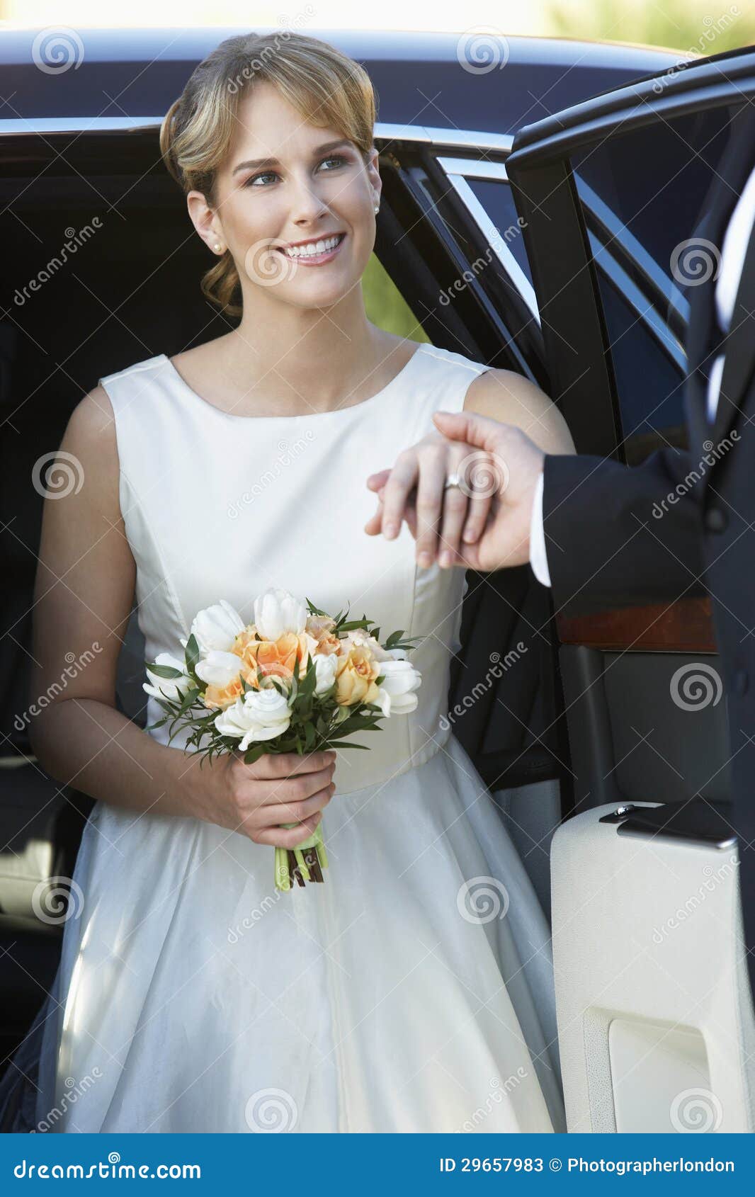 Bride Getting Down from Car Stock Image - Image of dress, happiness ...