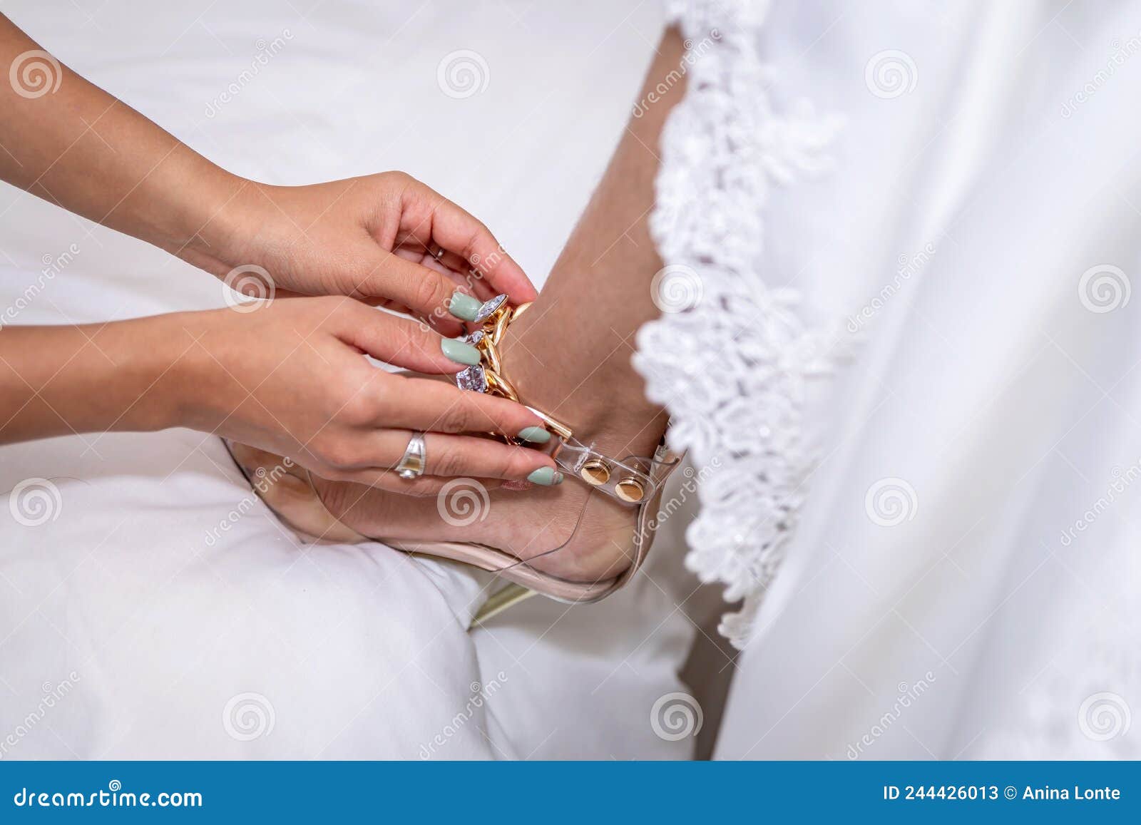 Bride Getting Ready, Dressing, on Her Wedding Day Stock Image - Image ...