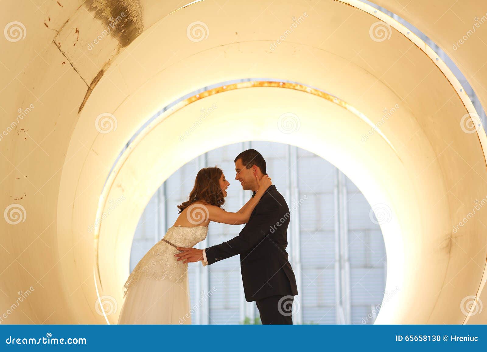 Bride and Groom in a Big Pipe Stock Photo - Image of industrial ...