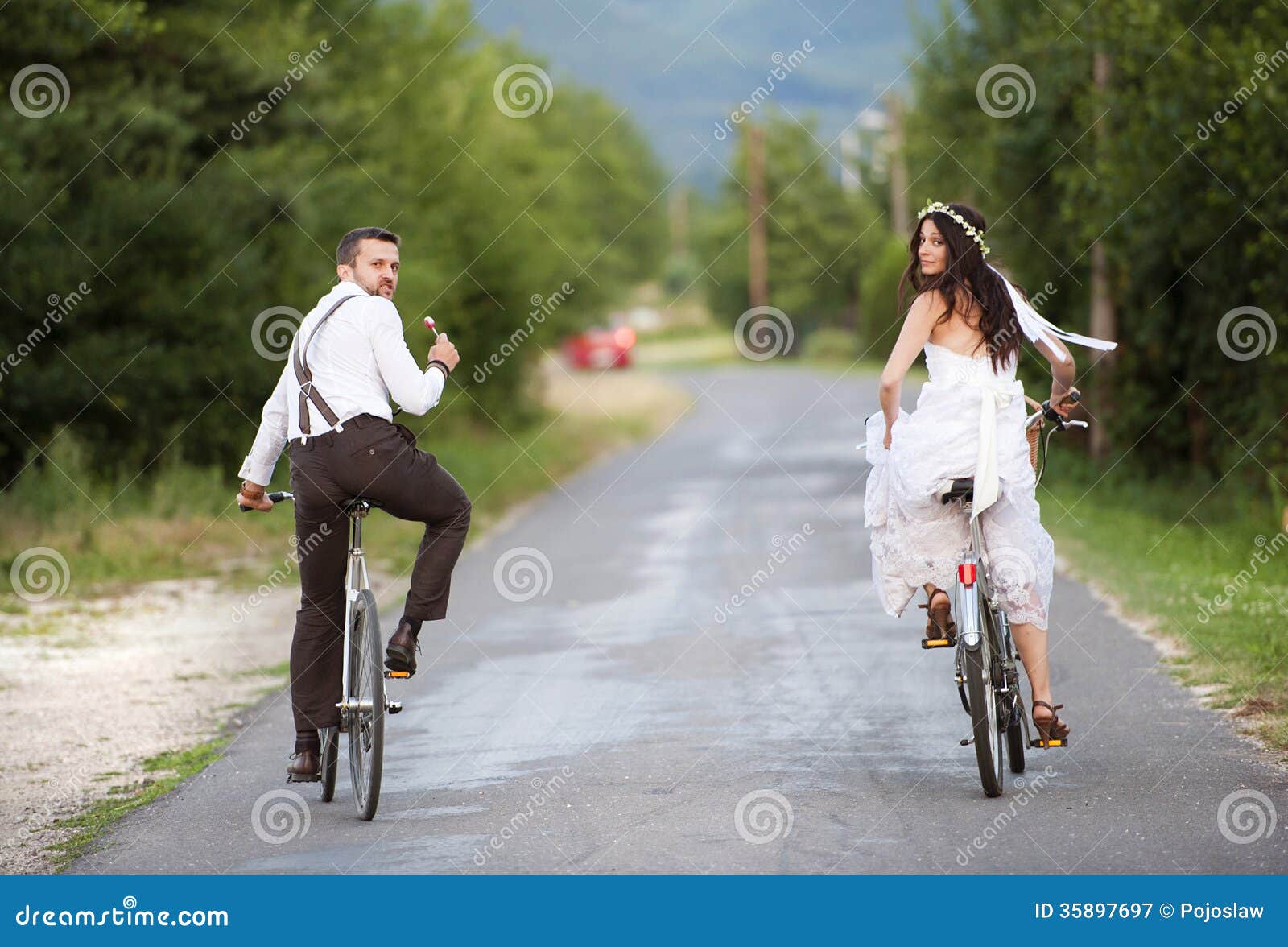 Bride and Groom on the Bikes Stock Image - Image of couple, celebration ...