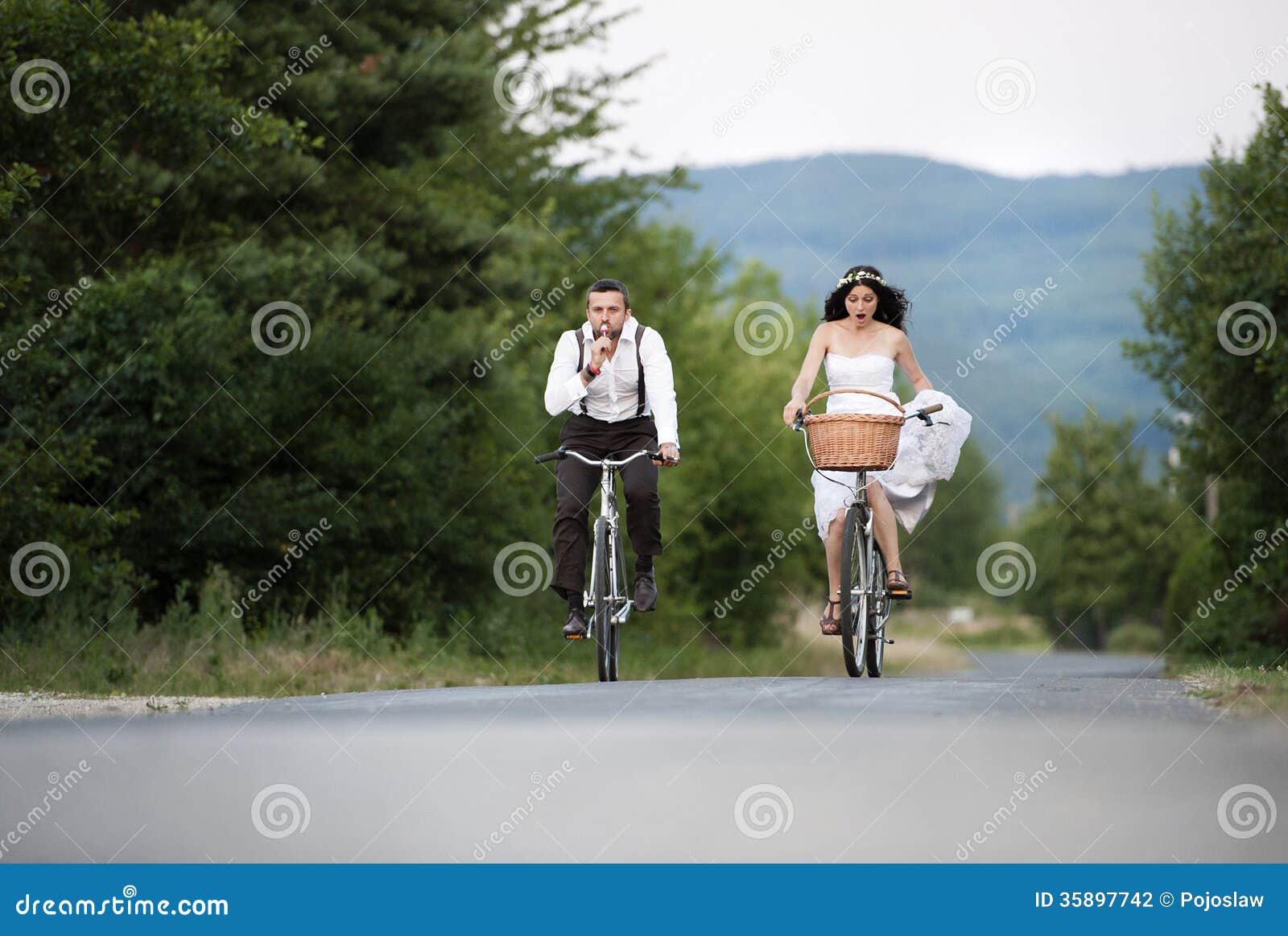 Bride and Groom on the Bikes Stock Photo - Image of girl, laughing ...