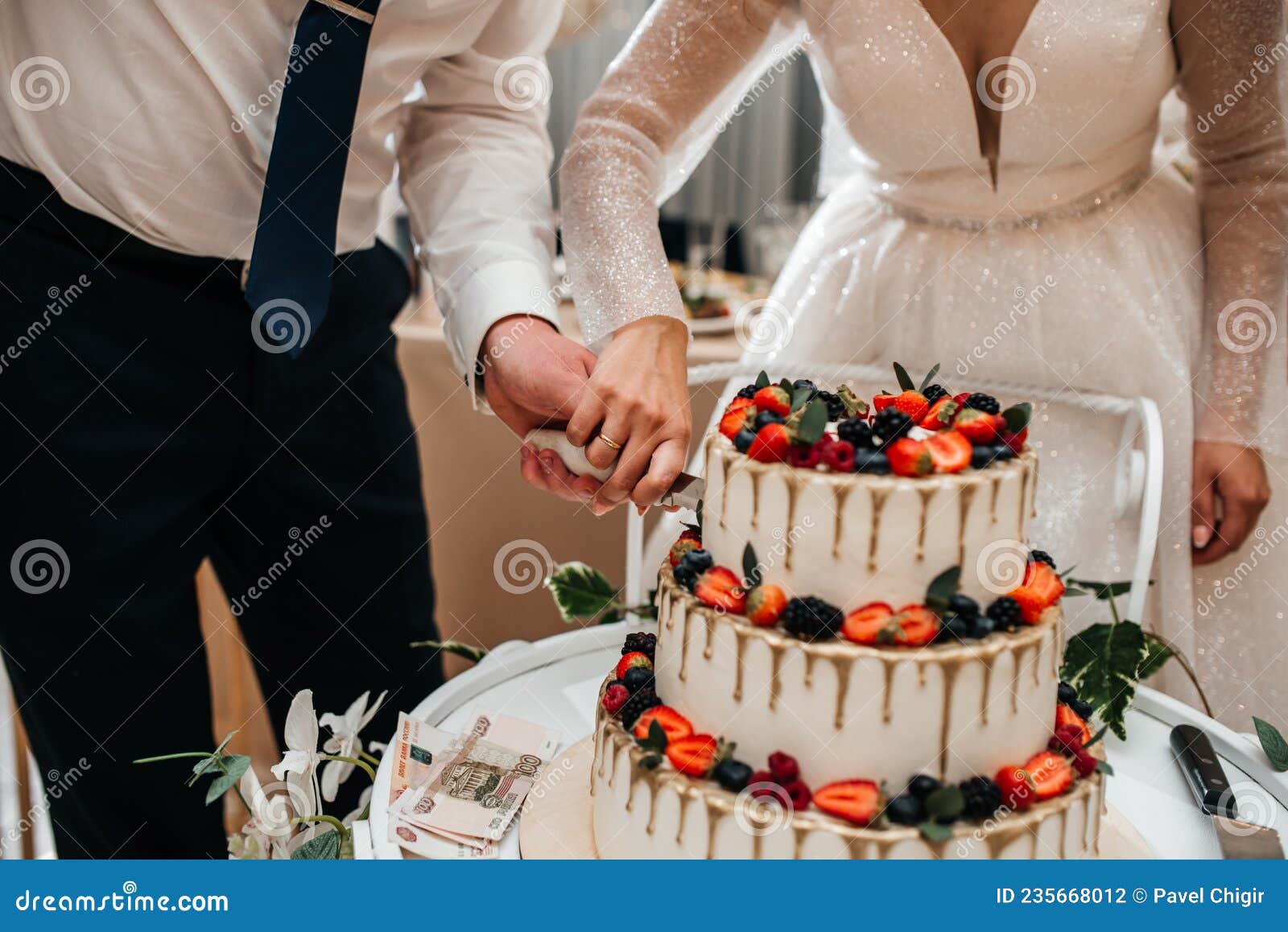 The Bride and Groom Cut the First Piece of the Wedding Cake Stock Photo ...