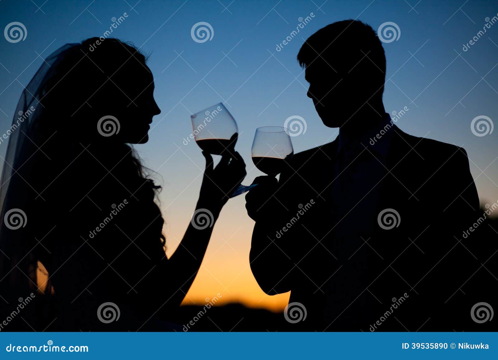 Bride and Groom Drink Wine at Sunset Stock Photo - Image of male ...
