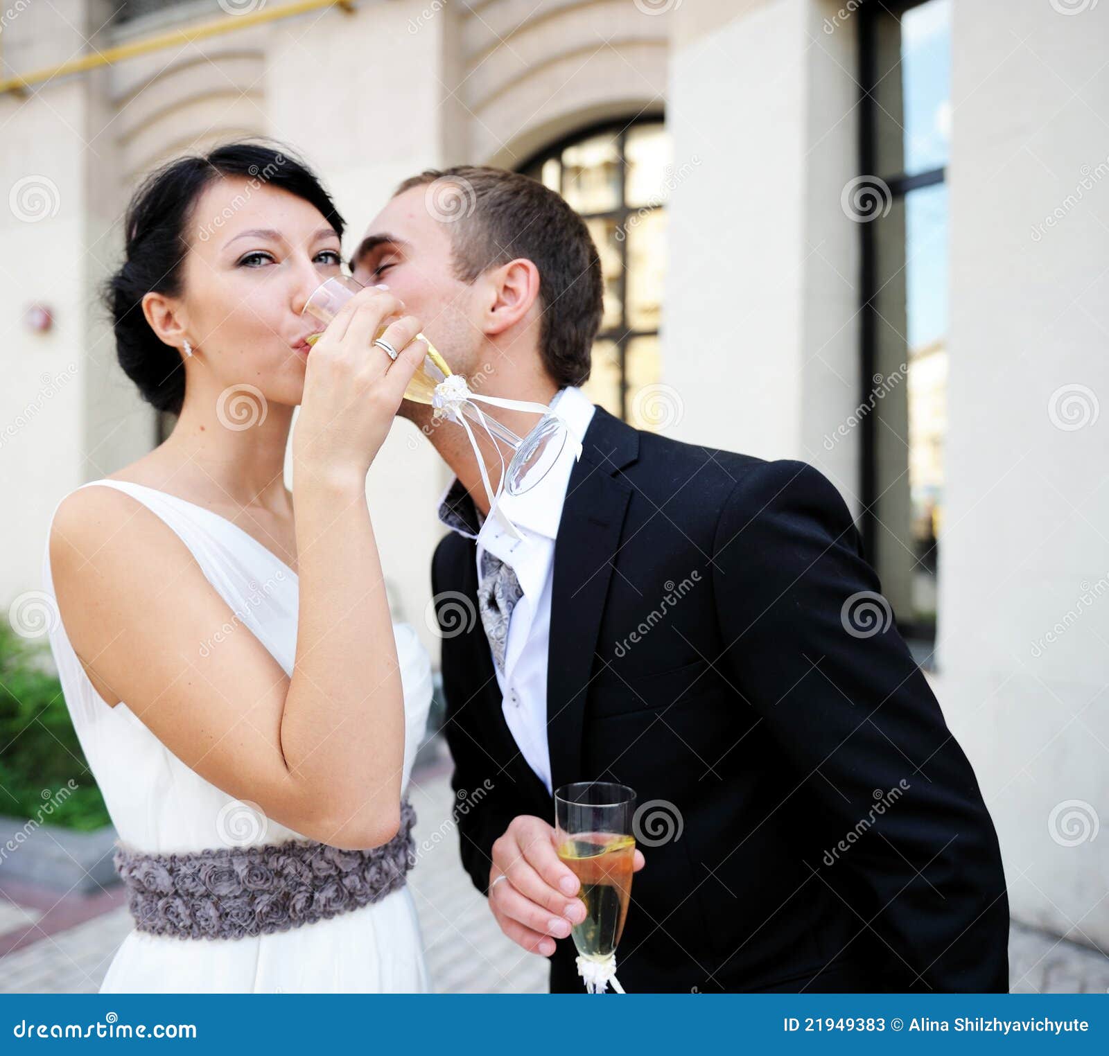 Bride and Groom Drinking Champagne Outdoors Stock Image - Image of ...