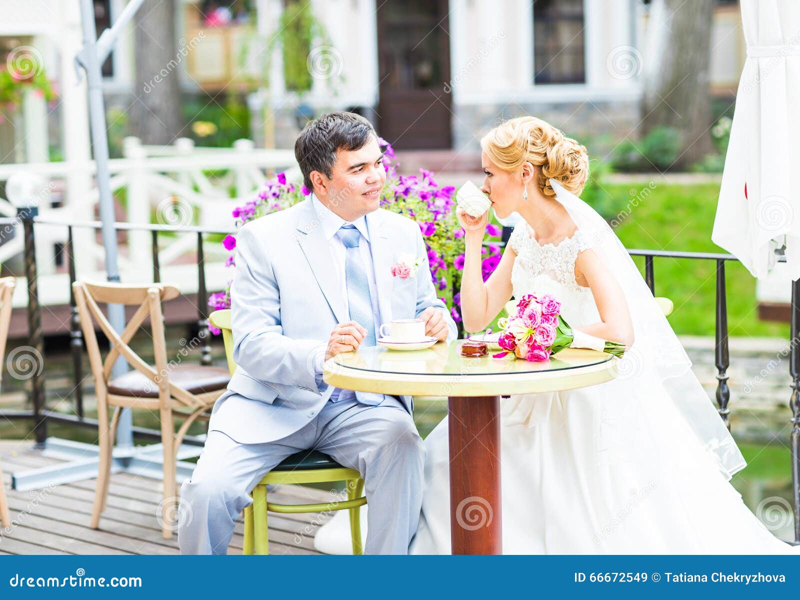 Bride and Groom Drinking Coffee at an Outdoor Cafe Stock Image - Image ...