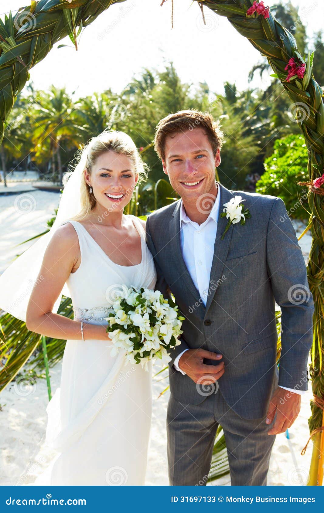 Bride and Groom Getting Married in Beach Ceremony Stock Image - Image ...