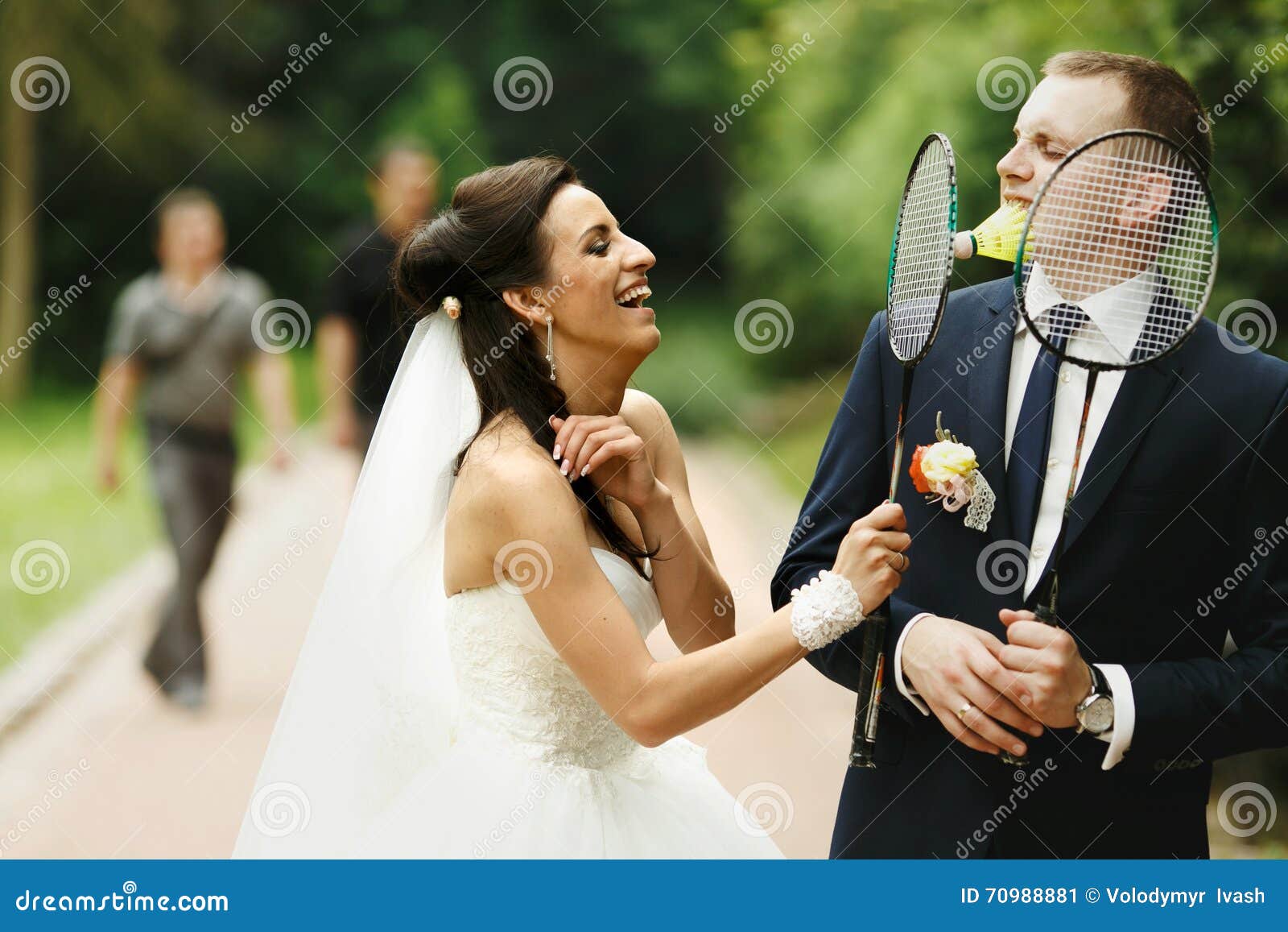 Bride and Groom Have Fun while Playing with Tennis-rackets Stock Image ...