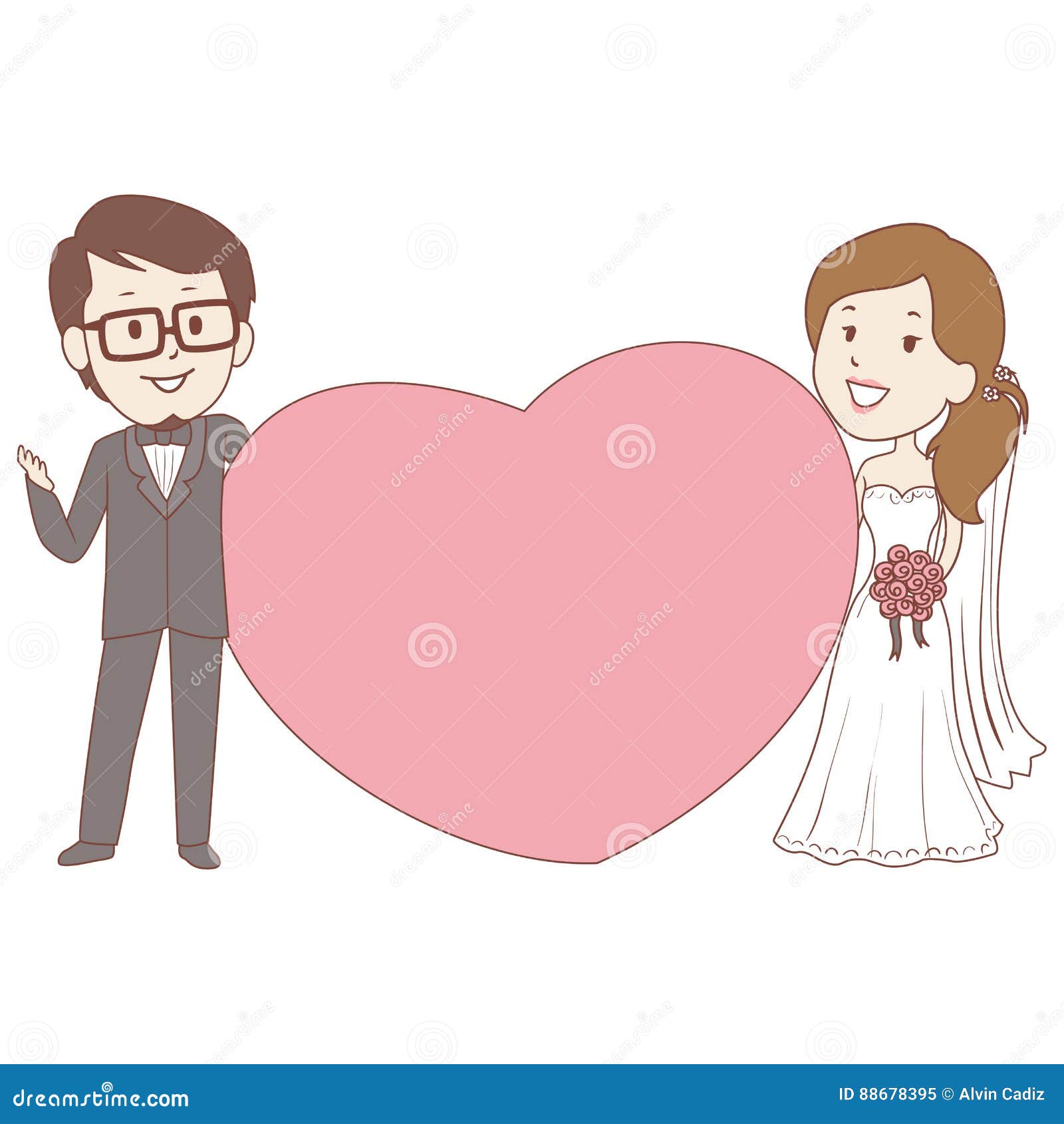 Bride and Groom Holding a Big Heart Frame Stock Vector - Illustration ...