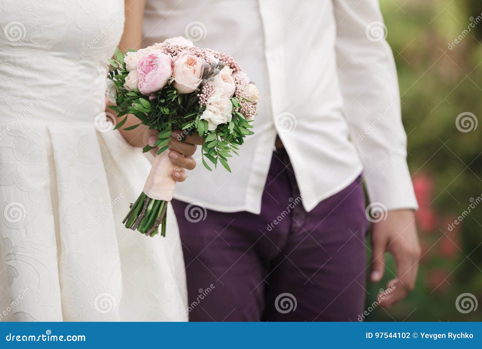 Bride and Groom Holding Wedding Bouquet Stock Photo - Image of girl ...