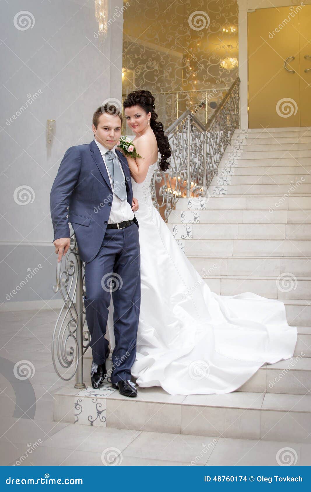Bride and Groom on Ladder at Wedding Walk Stock Photo - Image of happy ...