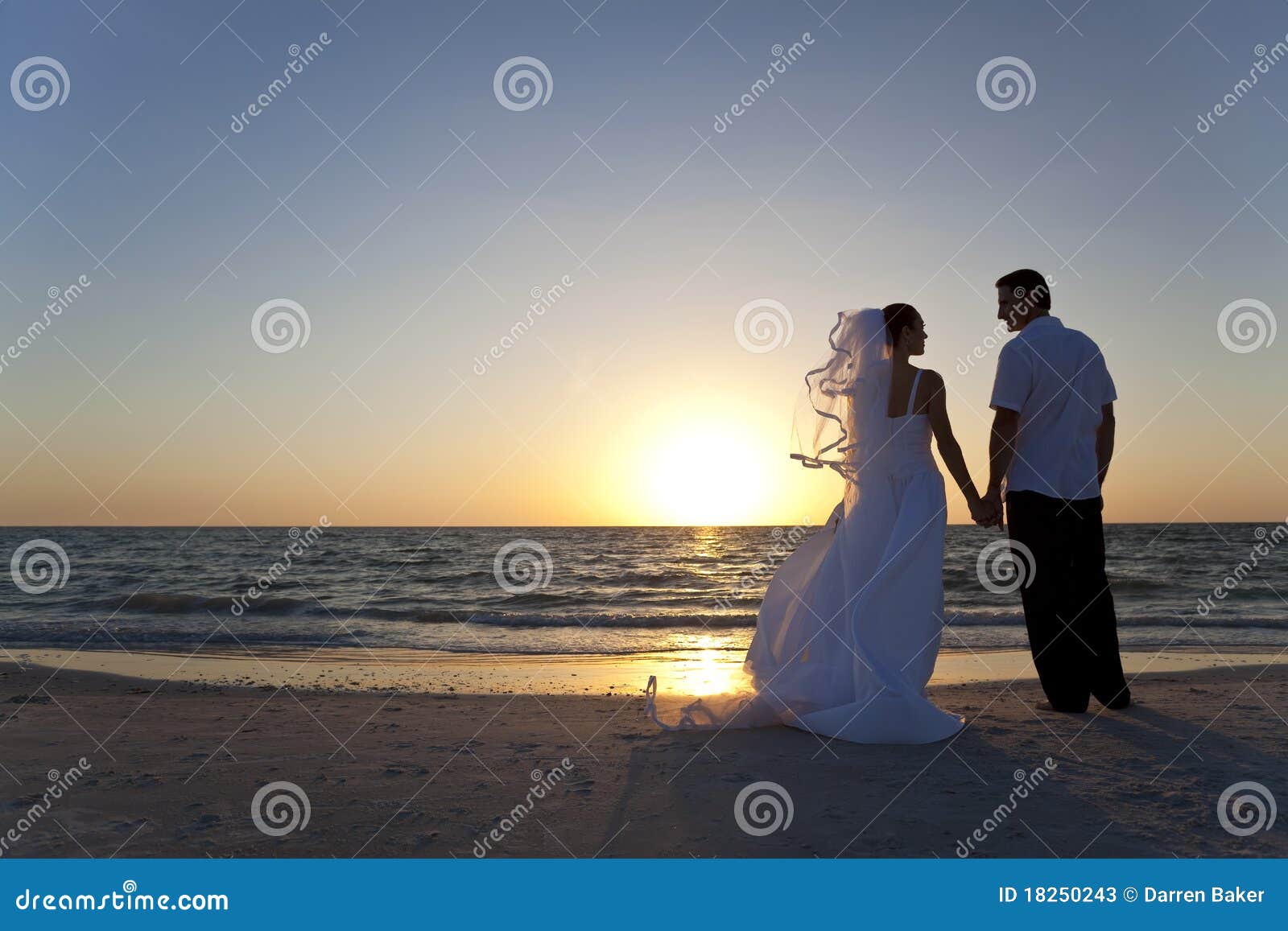 Bride & Groom Married Couple Sunset Beach Wedding Stock Image - Image ...