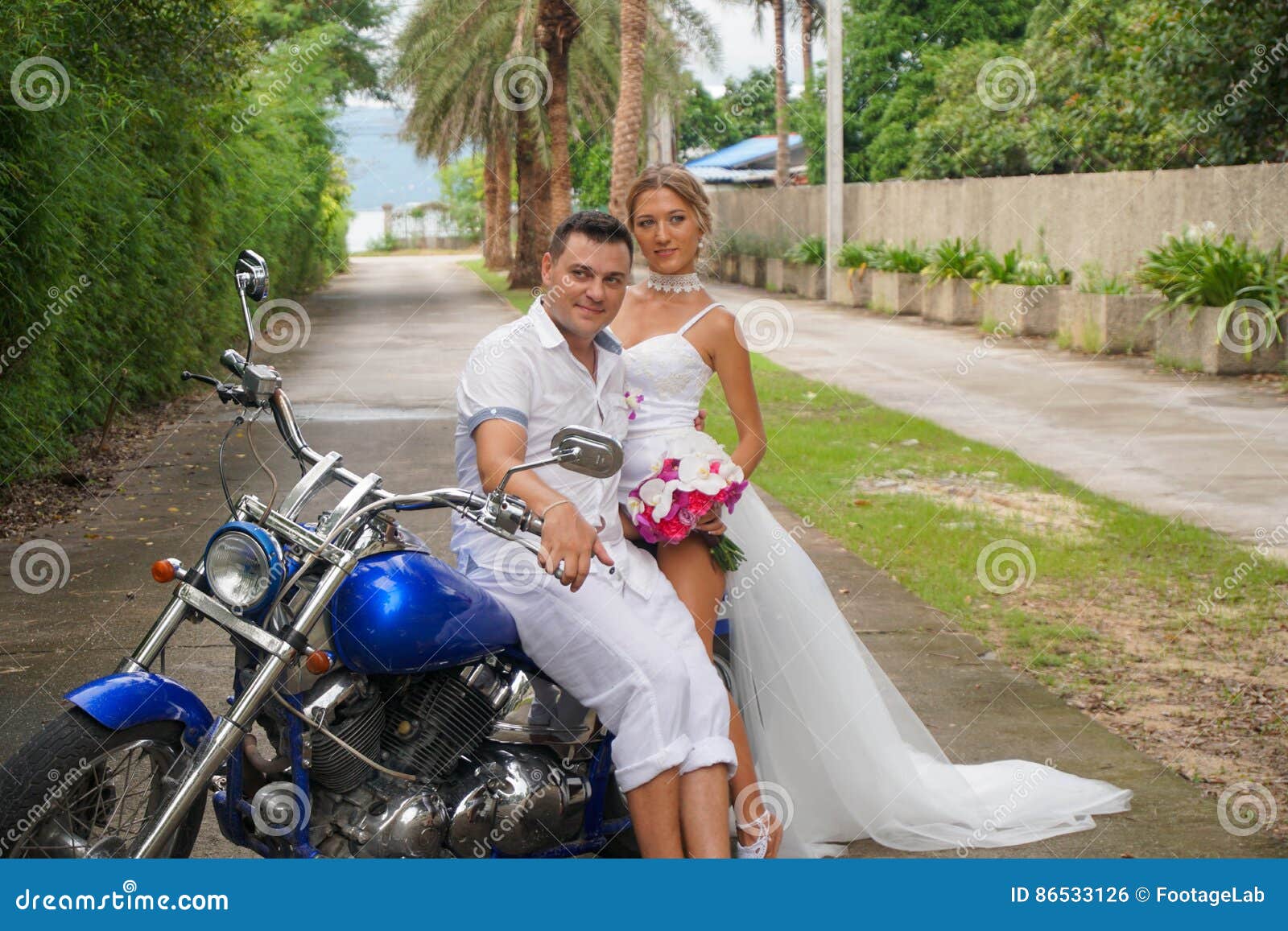 Bride and Groom on Motorcycle Stock Photo - Image of together, happy ...