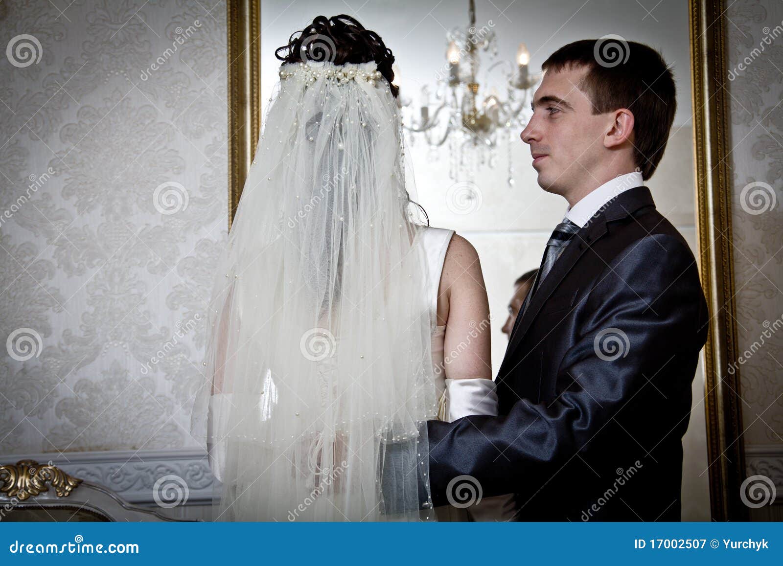 Bride and Groom Next To the Mirror Stock Image - Image of girl ...