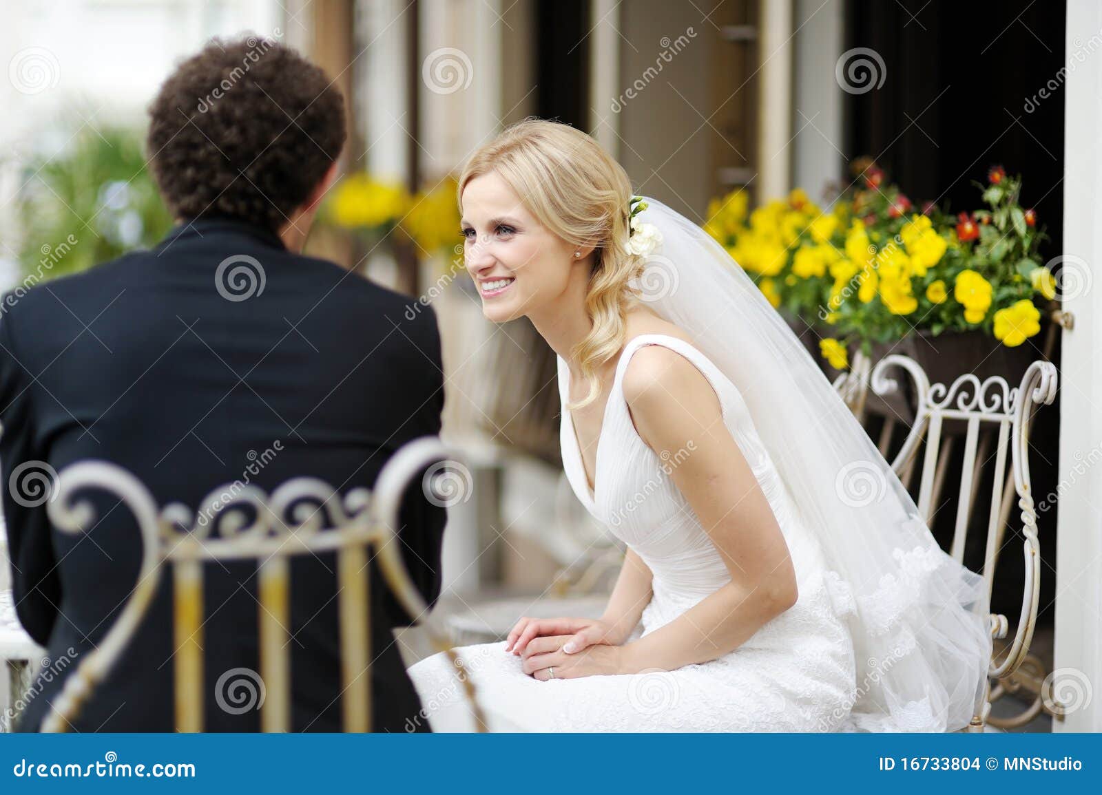 Bride and Groom at Outdoor Cafe Stock Photo - Image of bright, husband ...