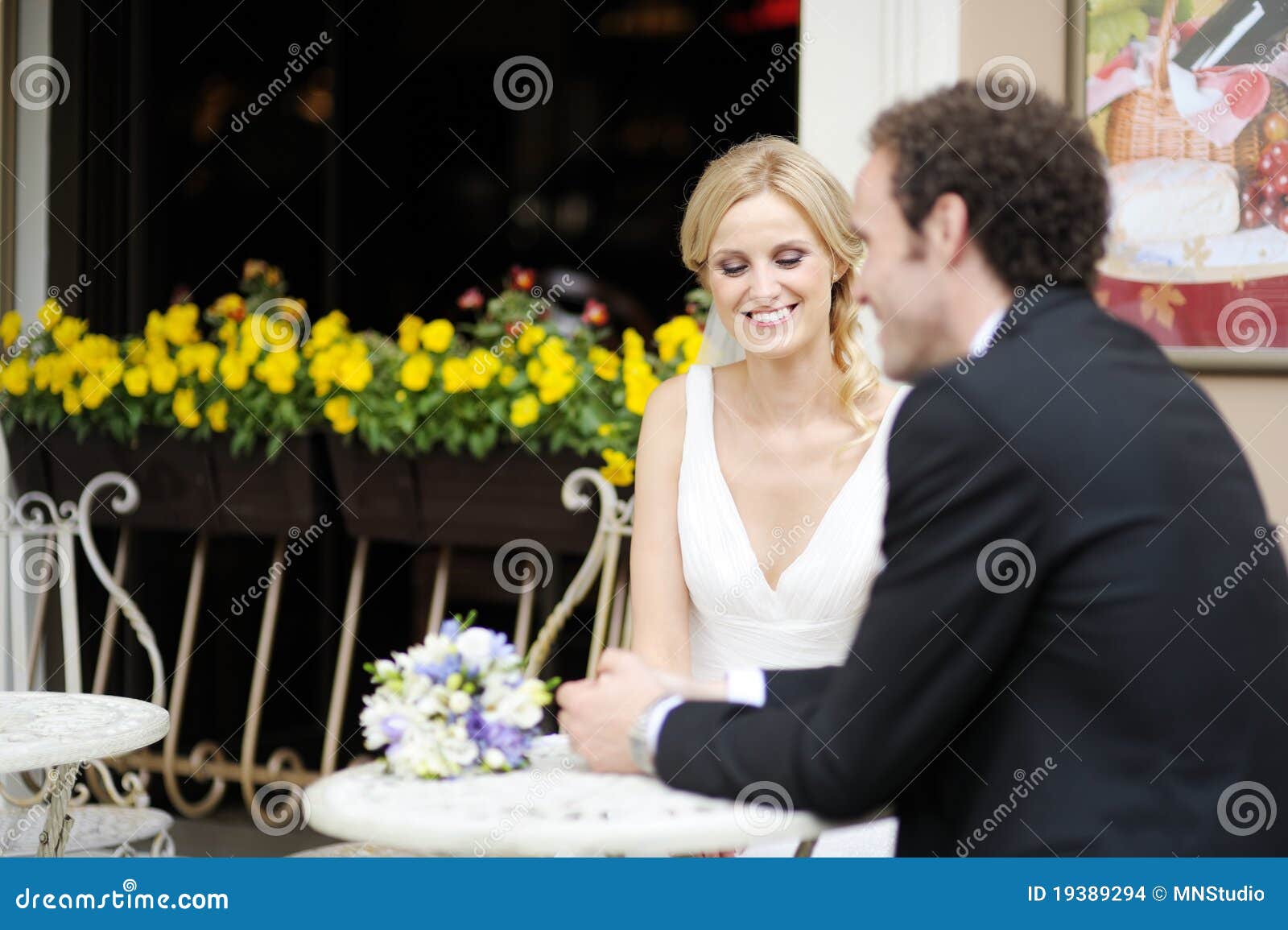 Bride and Groom at Outdoor Cafe Stock Photo - Image of chairs, female ...