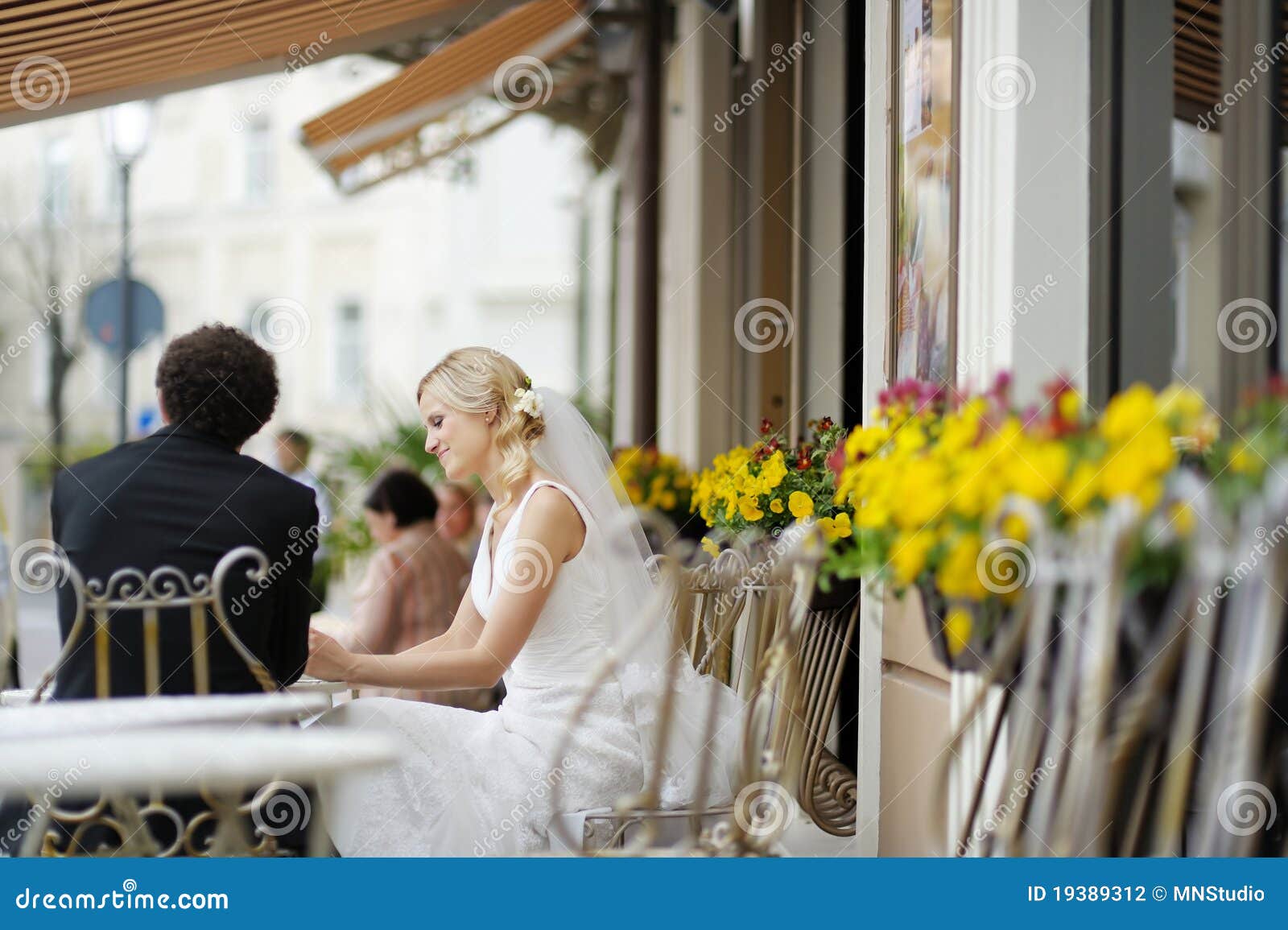 Bride and Groom at Outdoor Cafe Stock Photo - Image of caucasian, away ...