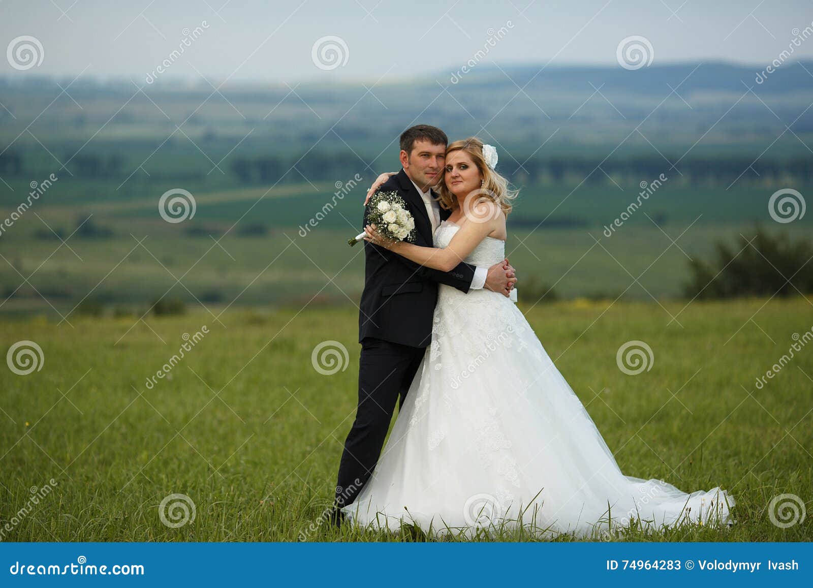 Bride and Groom Pose on the Green Field with a Great Landscape B Stock ...