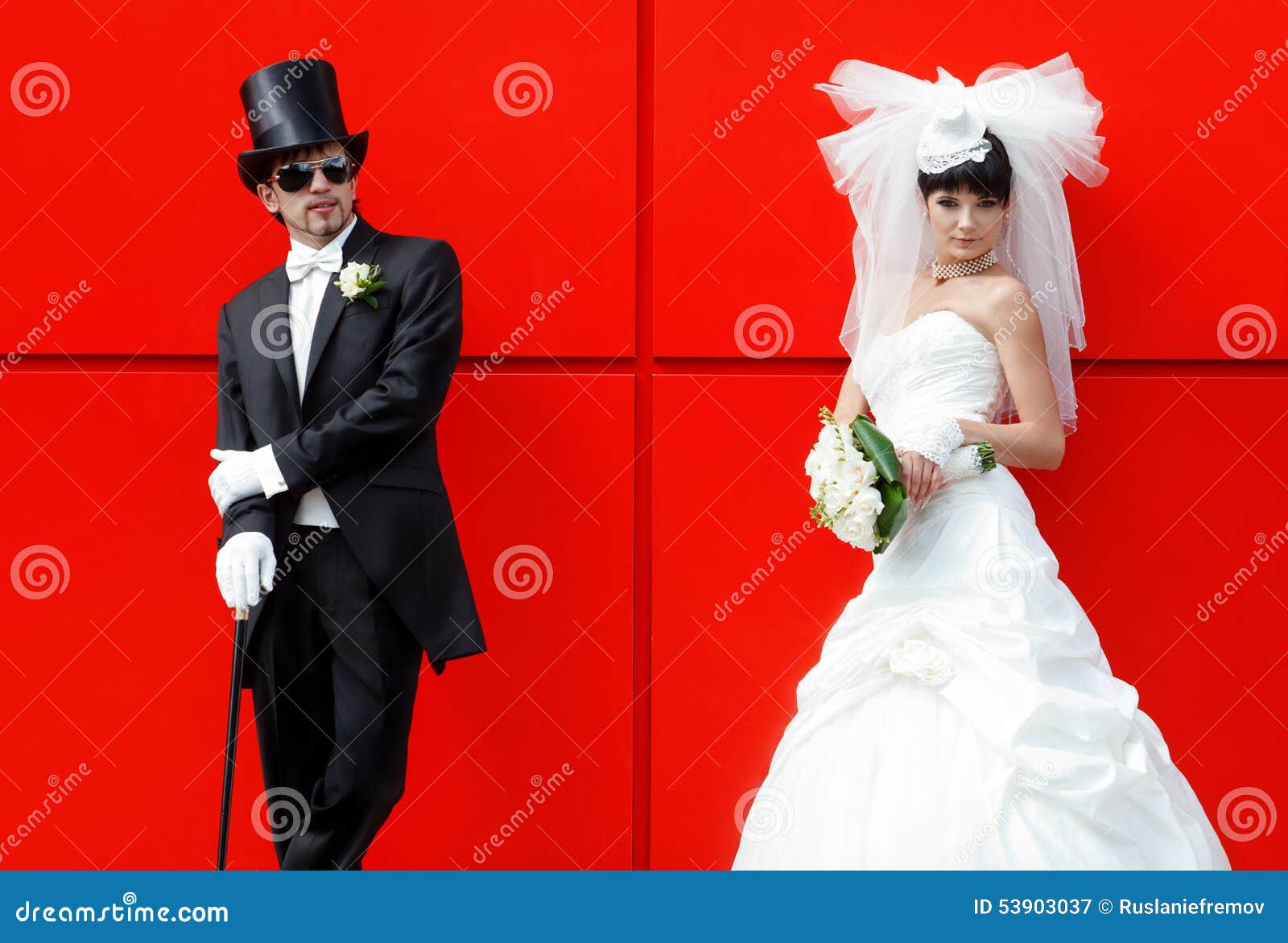 Bride and Groom on a Red Background Stock Image - Image of wife ...