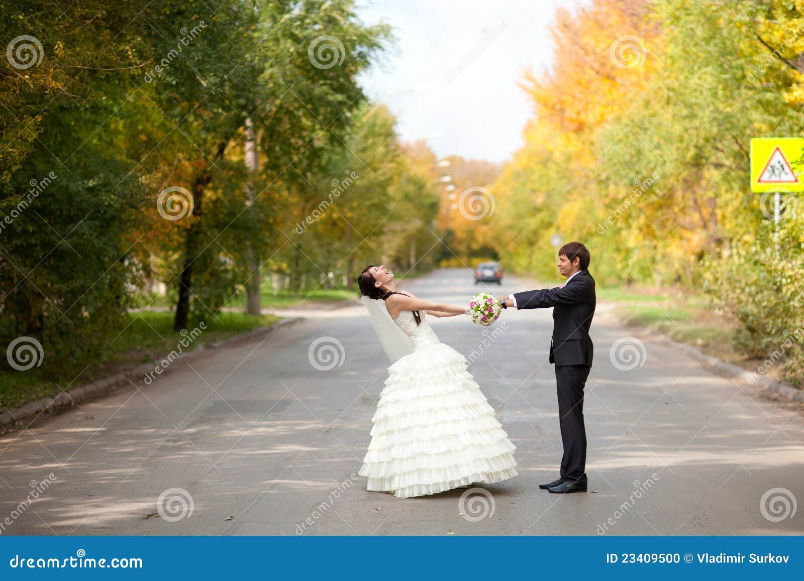 Bride and Groom on the Road Stock Photo - Image of pedestrian, care ...