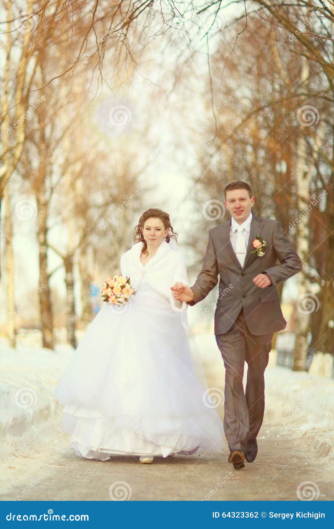Bride and groom running stock photo. Image of love, event - 64323362