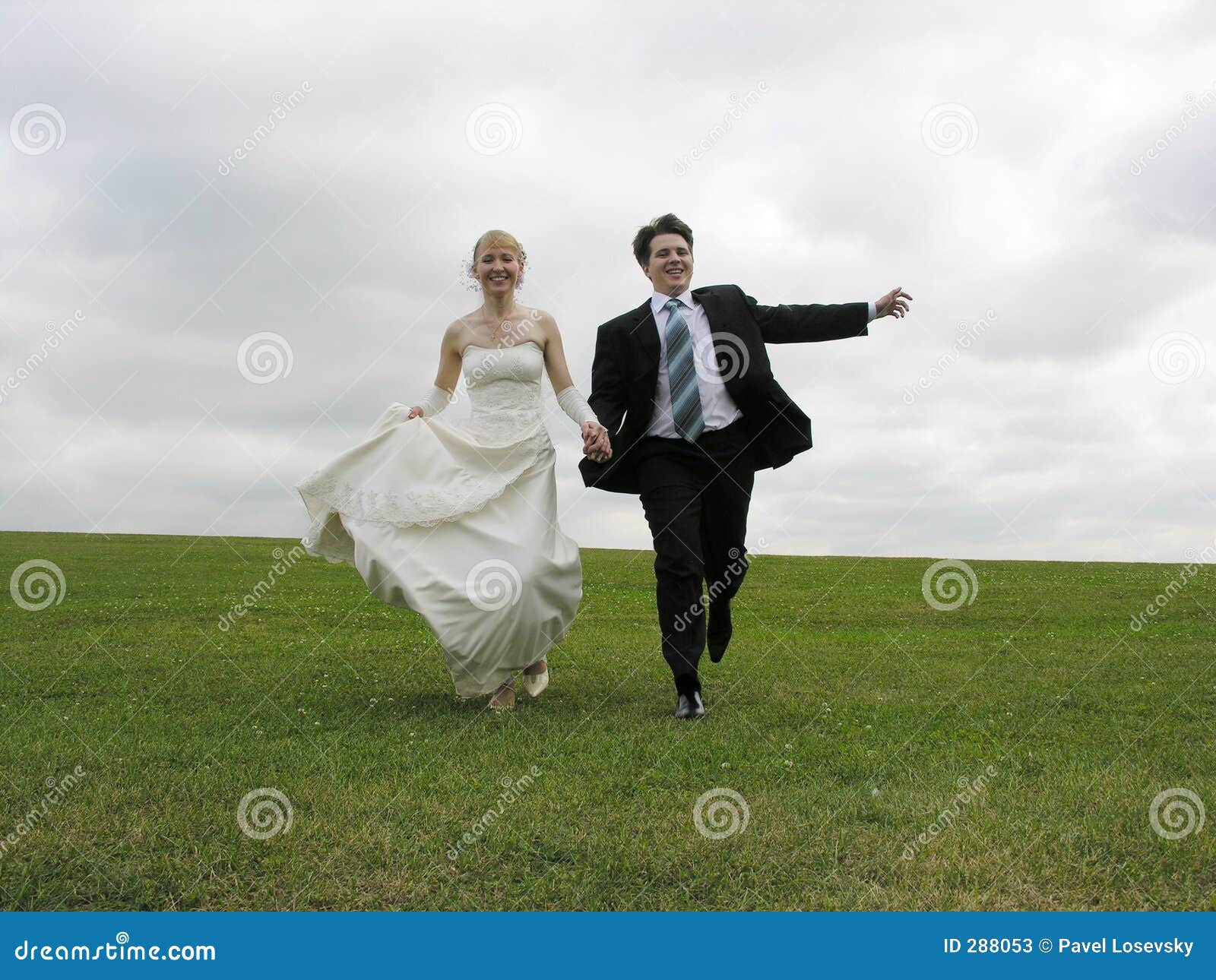 Bride and Groom Running on Meadow Stock Image - Image of holy, bouquet ...