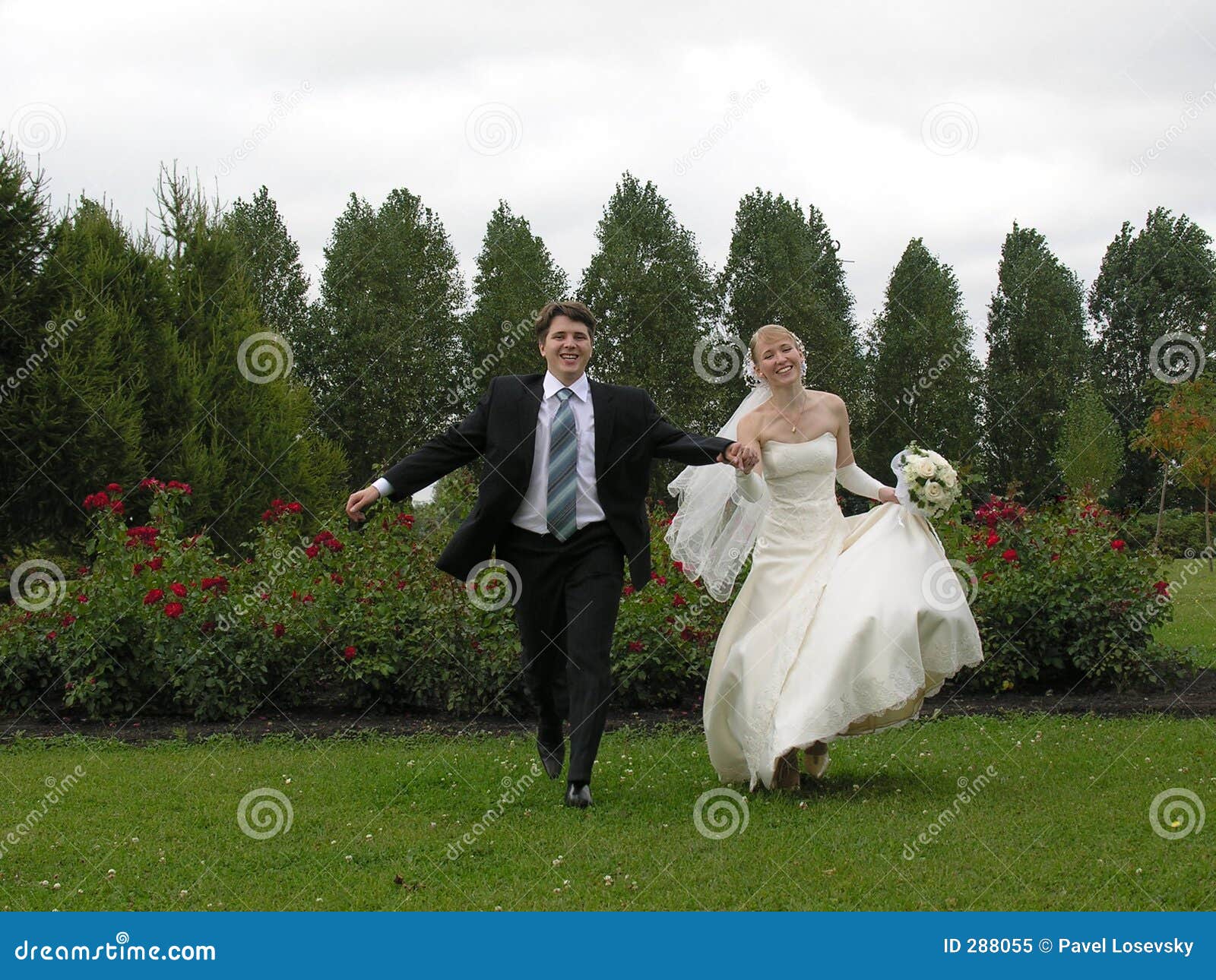 Bride and Groom Running from Trees Stock Image - Image of formal ...