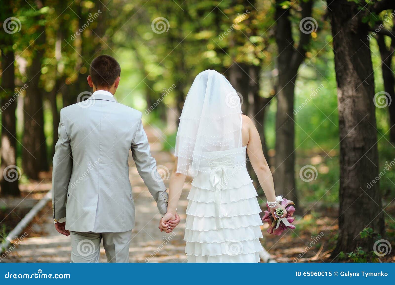 Bride and Groom Walking Away in Summer Park Outdoors Stock Image ...