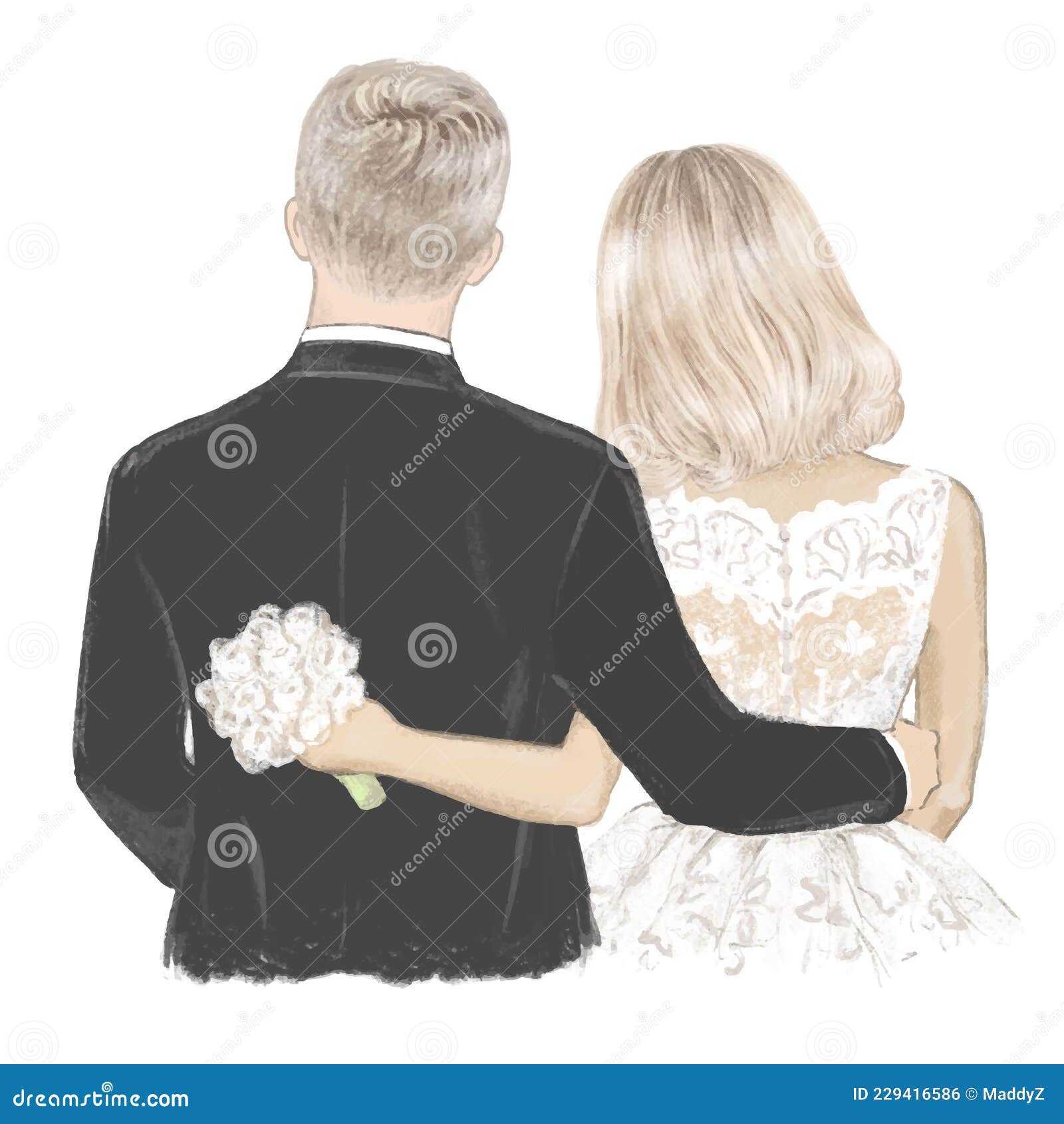 Bride and Groom on Wedding Day Hand Drawn Illustration Stock Vector ...