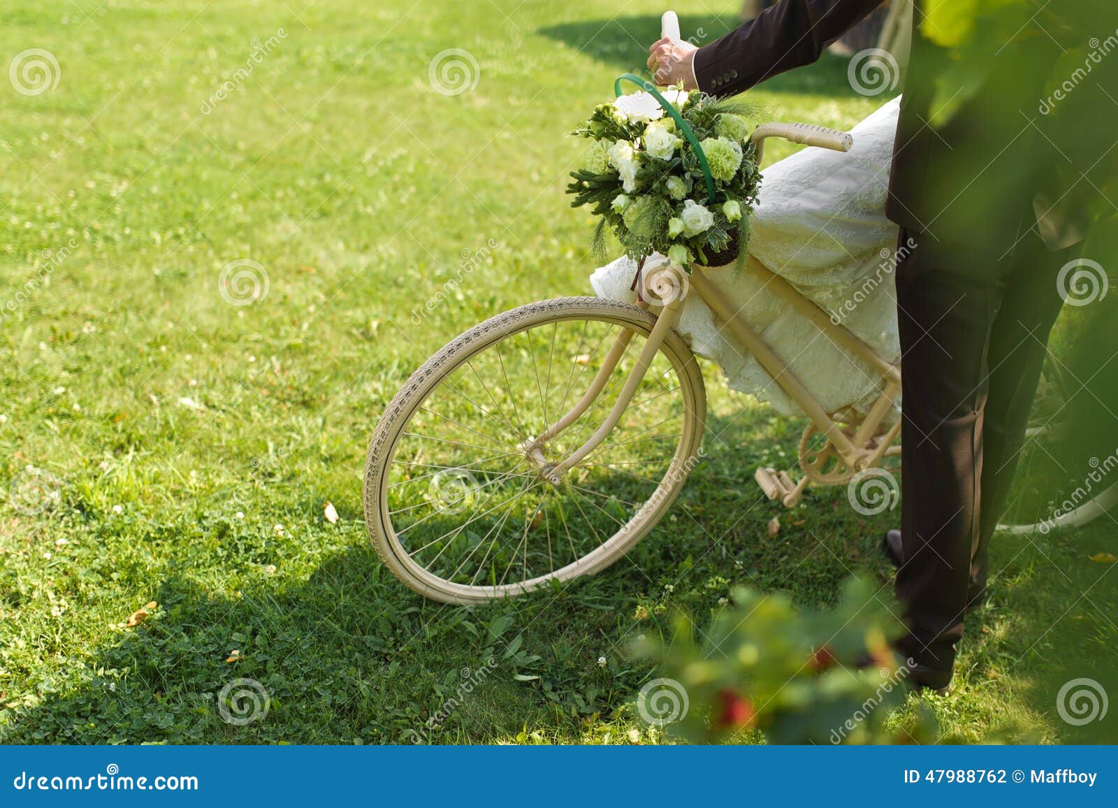 Bride and Groom with a White Wedding Bike Stock Photo - Image of people ...