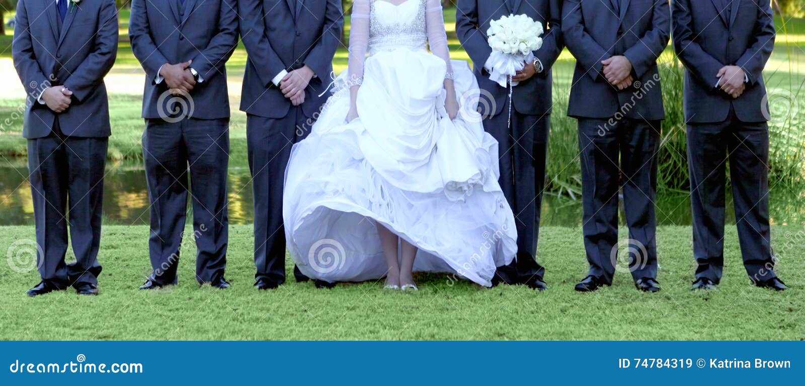 Bride and 6 Groomsmen Lined Up Outdoors on Green Grass Stock Image ...
