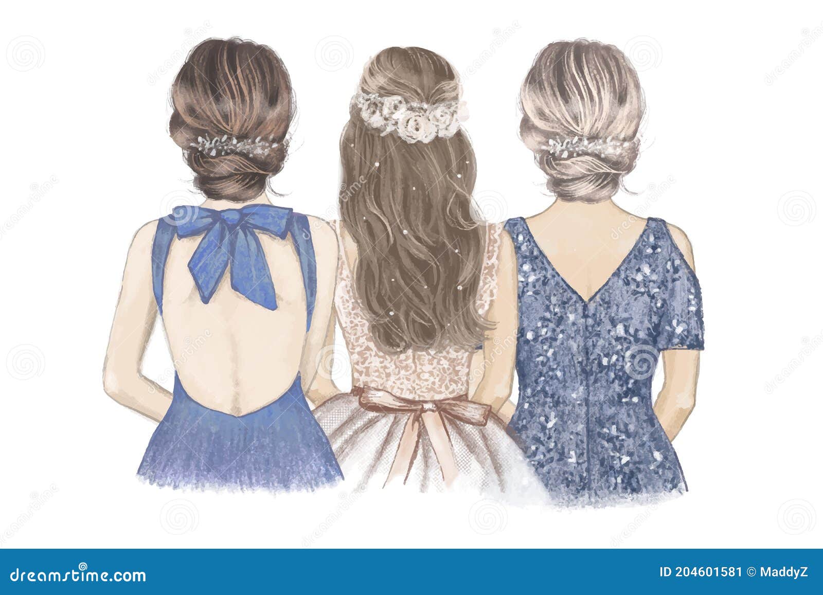Bride with Her Sister and Mom Side by Side. Hand Drawn Illustration ...