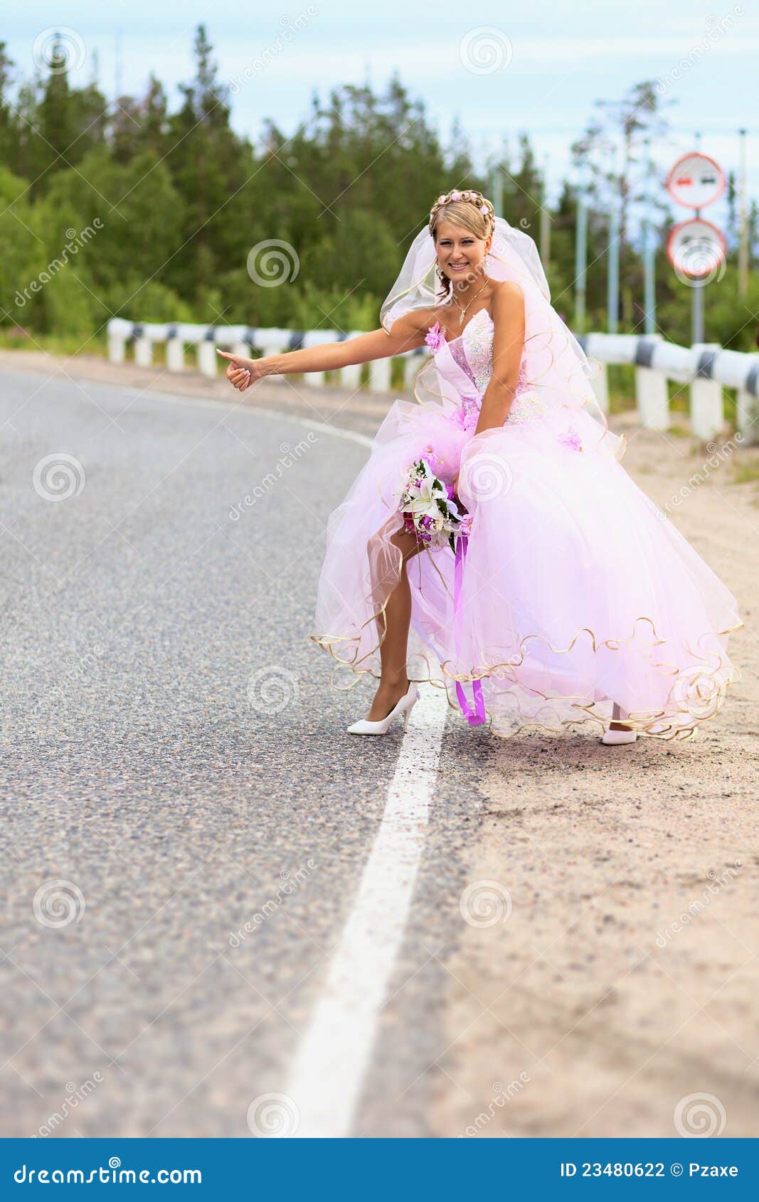 Bride hitching on a road stock photo. Image of person - 23480622