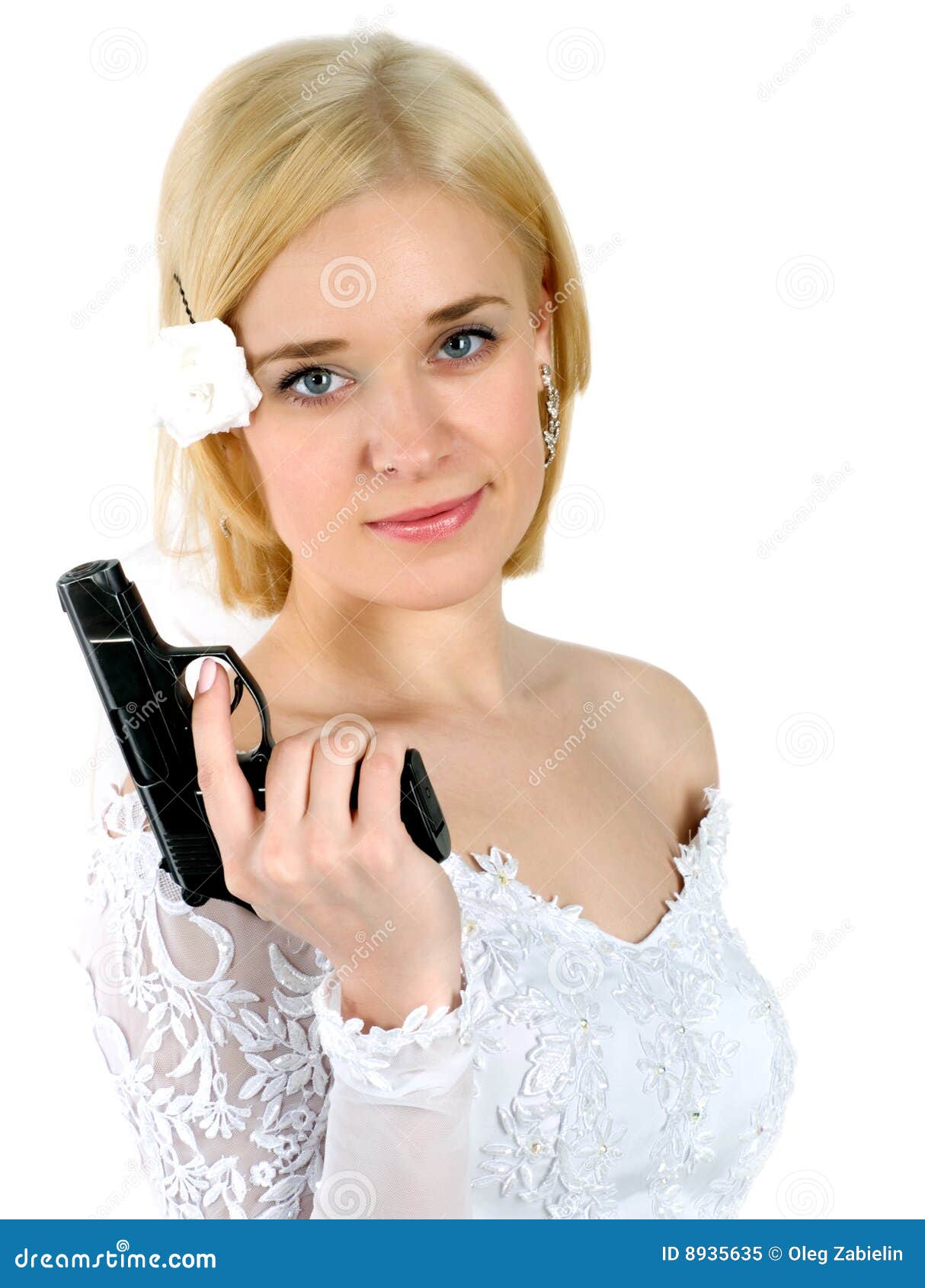 Bride holding the gun stock image. Image of handgun, bride - 8935635