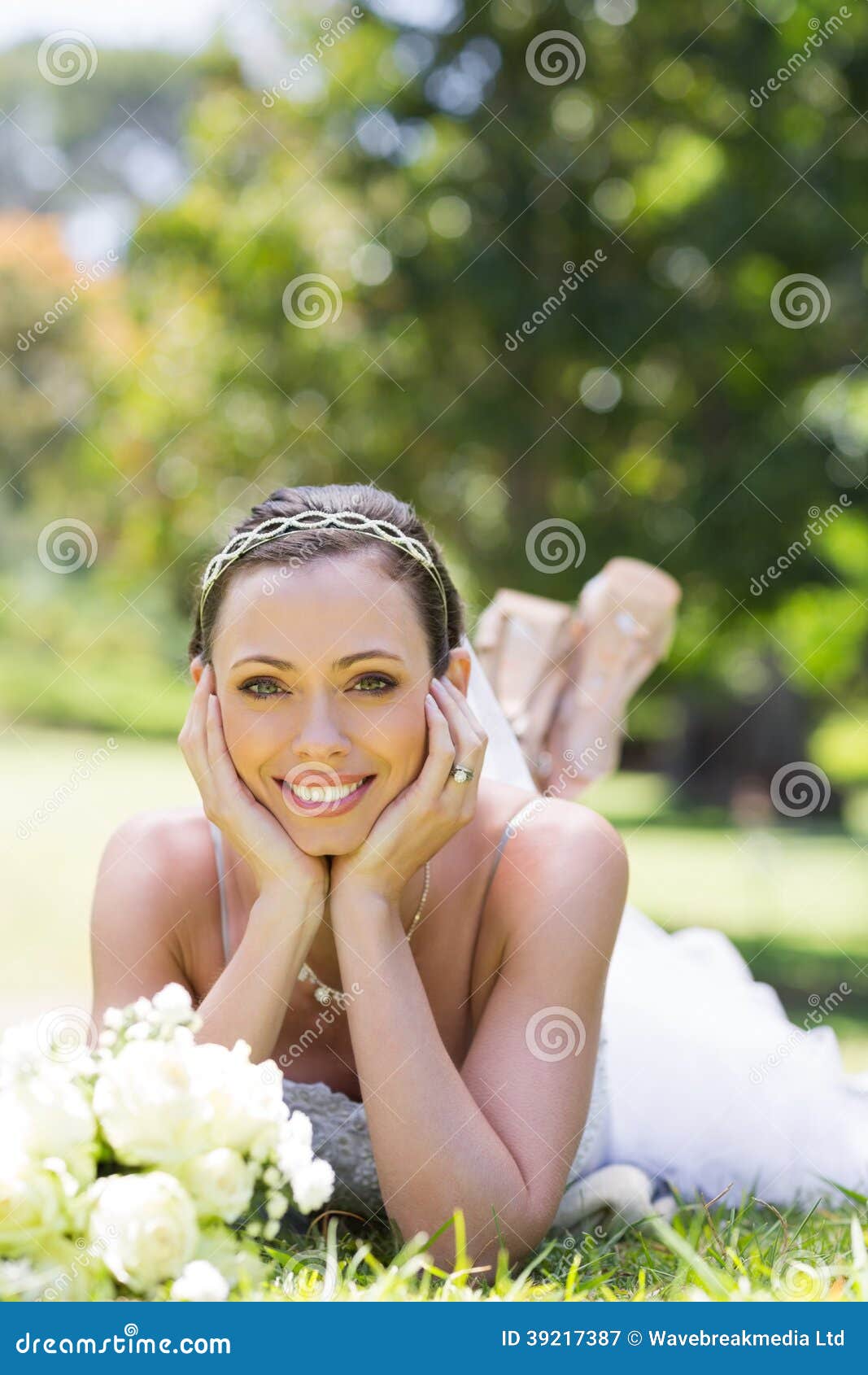 Bride Relaxing on Grass in the Park Stock Image - Image of portrait ...