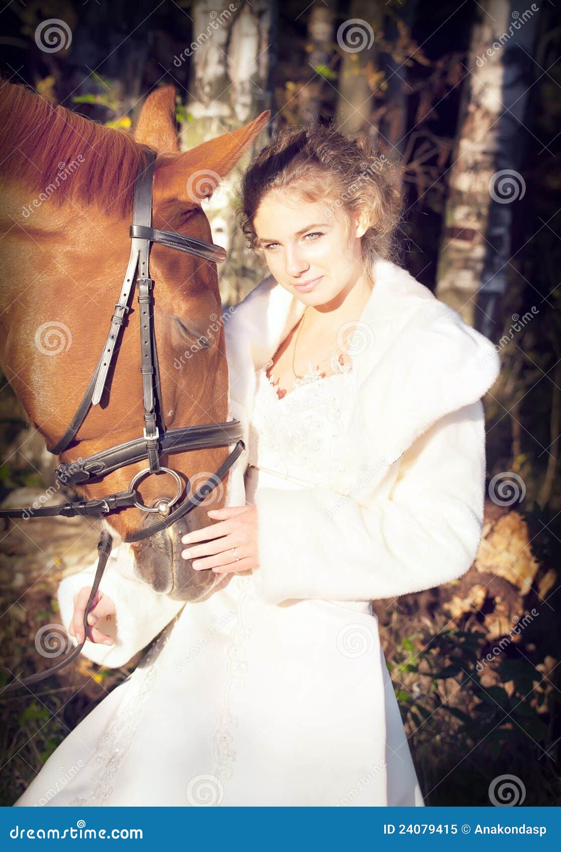 Bride Ride Near Sorrel Horse in Forest Stock Image - Image of white ...
