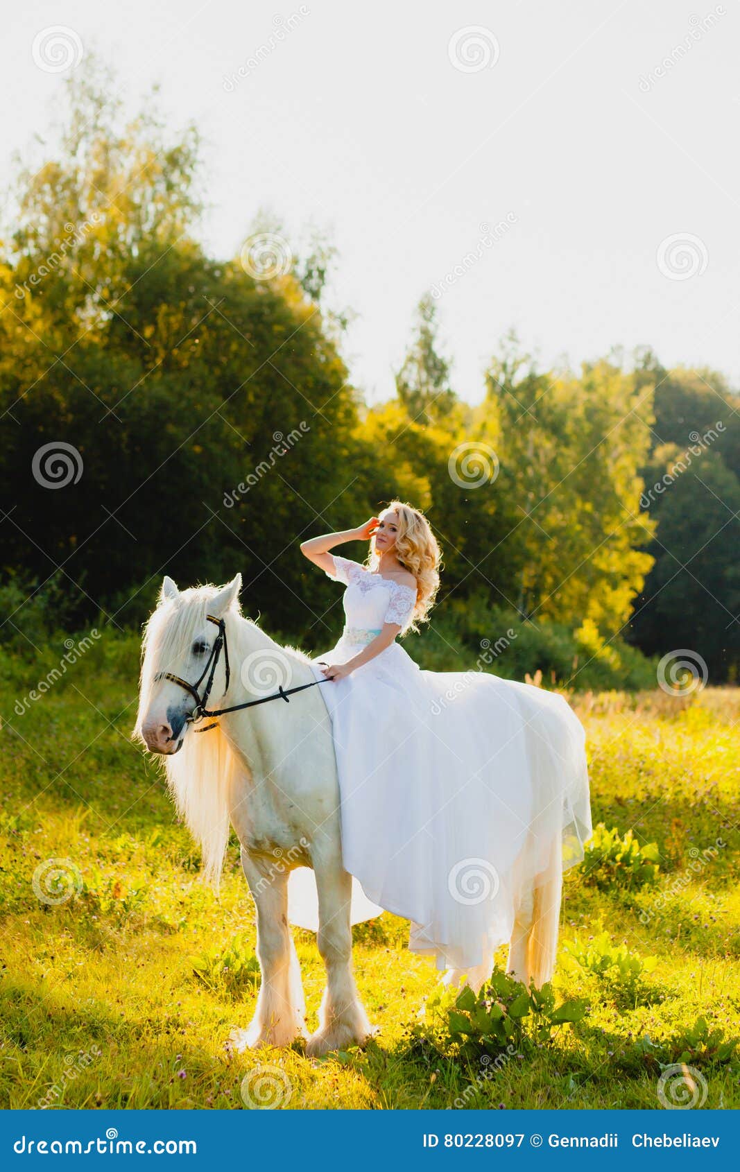 Bride Riding a Horse on the Background of Sunset Stock Image - Image of ...