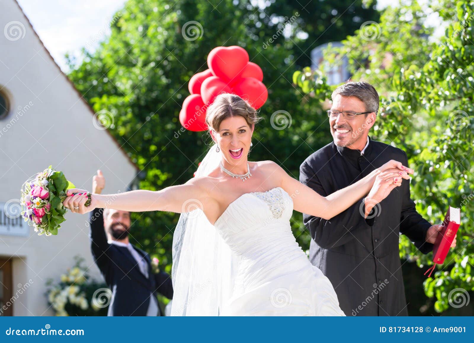 Bride Running Away with Priest after Wedding Stock Photo - Image of ...
