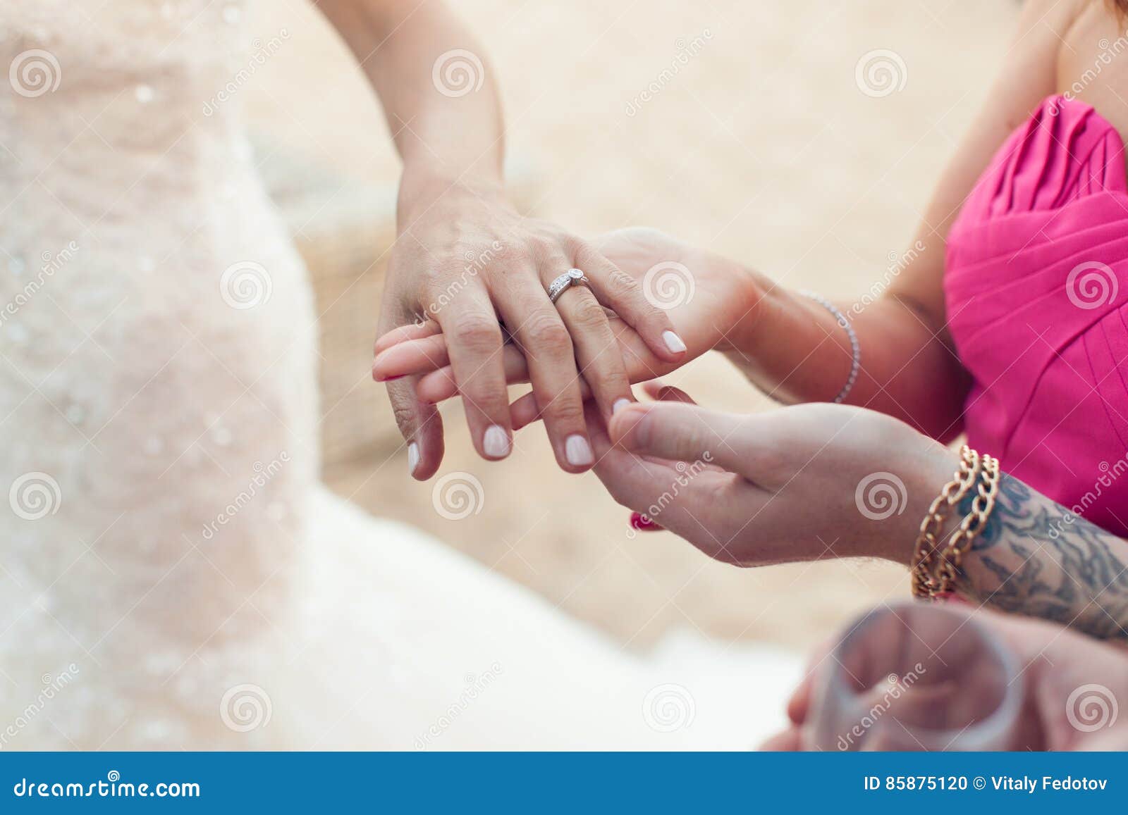 Bride Shows Wedding Ring To Girlfriend Stock Photo - Image of ceremony ...
