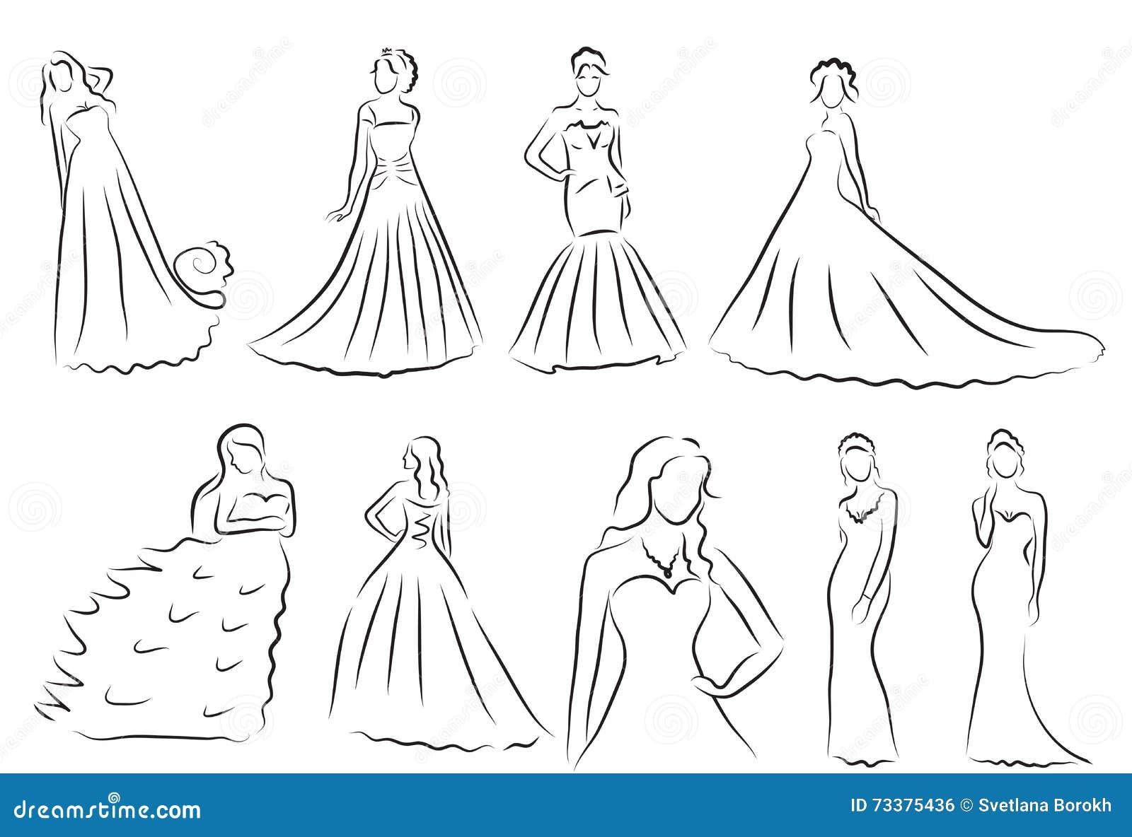 Bride Silhouette Set, Sketch Bride, the Bride in a Beautiful Wedding ...