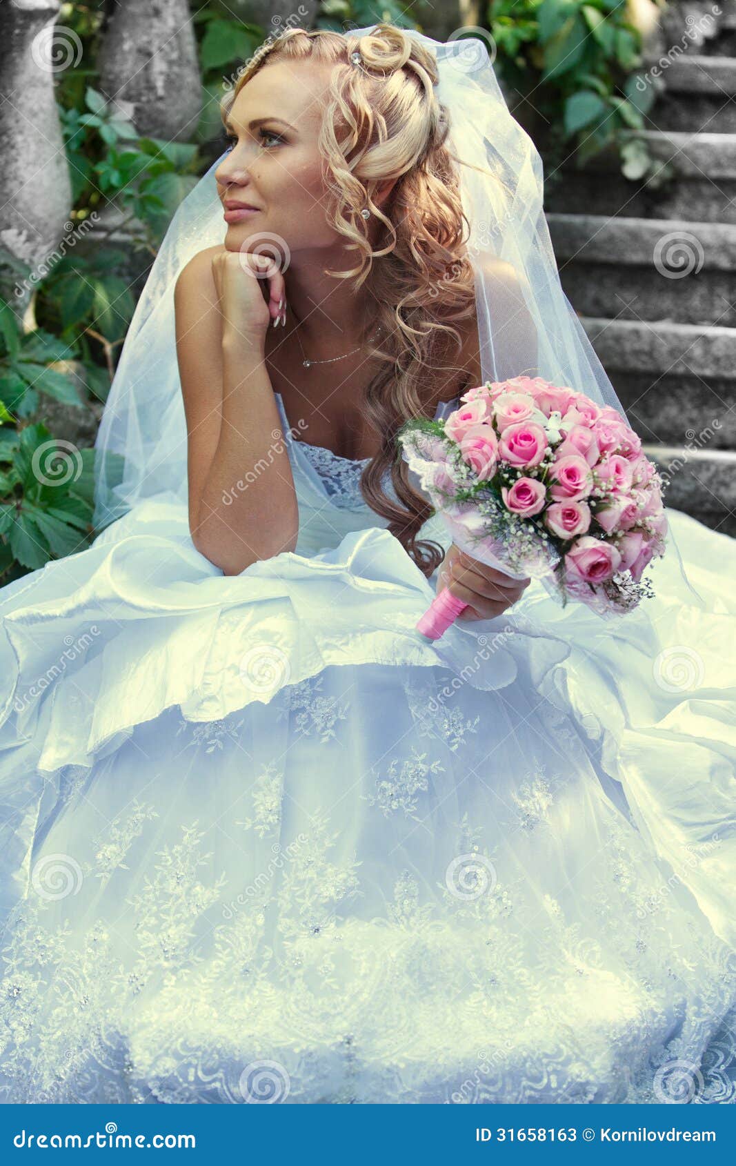Bride Sitting on the Stair. Stock Image - Image of playful, love: 31658163