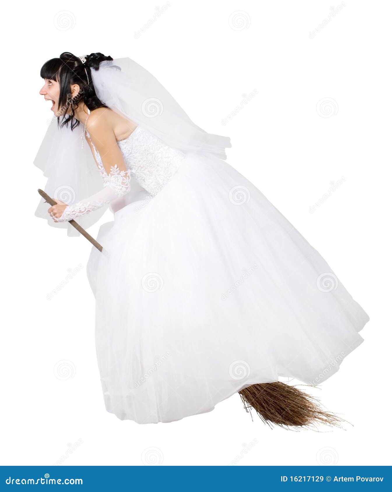 Bride in White Wedding Dress on a Broom Stock Image - Image of brush ...