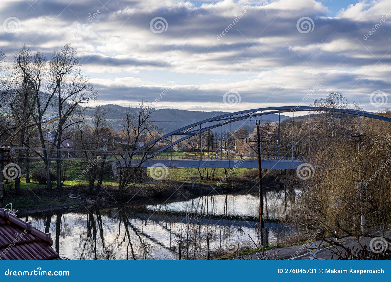 Bridge Across Autumn River stock image. Image of blue - 276045731